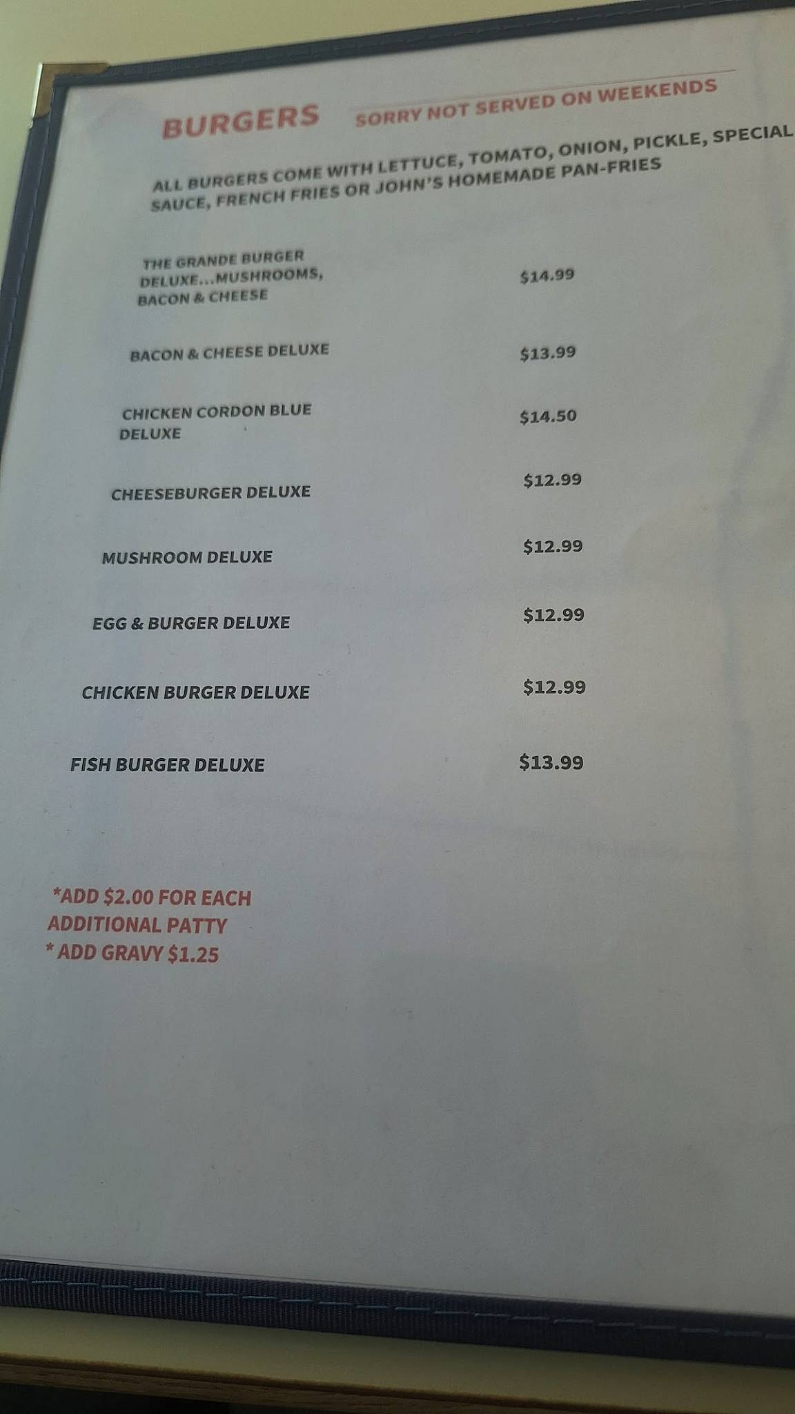 Menu at The Grand Hotel restaurant, Rimbey