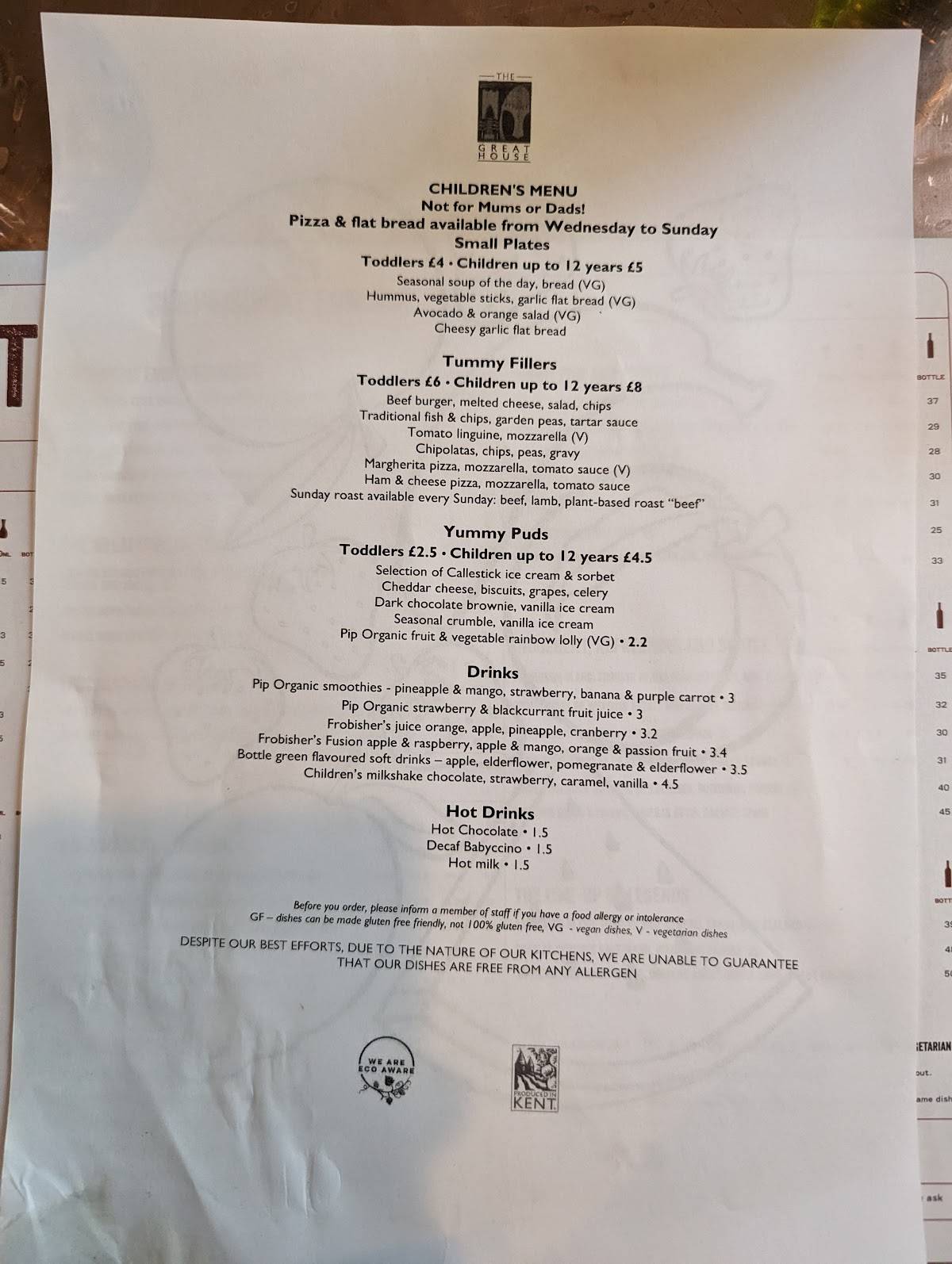 Menu at The Great House pub & bar, Hawkhurst