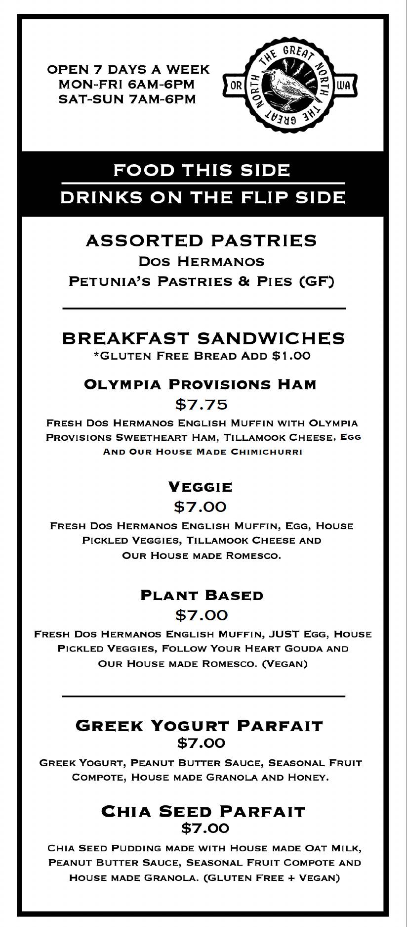 Menu at The Great North (Coffee Shop & Roastery), Portland