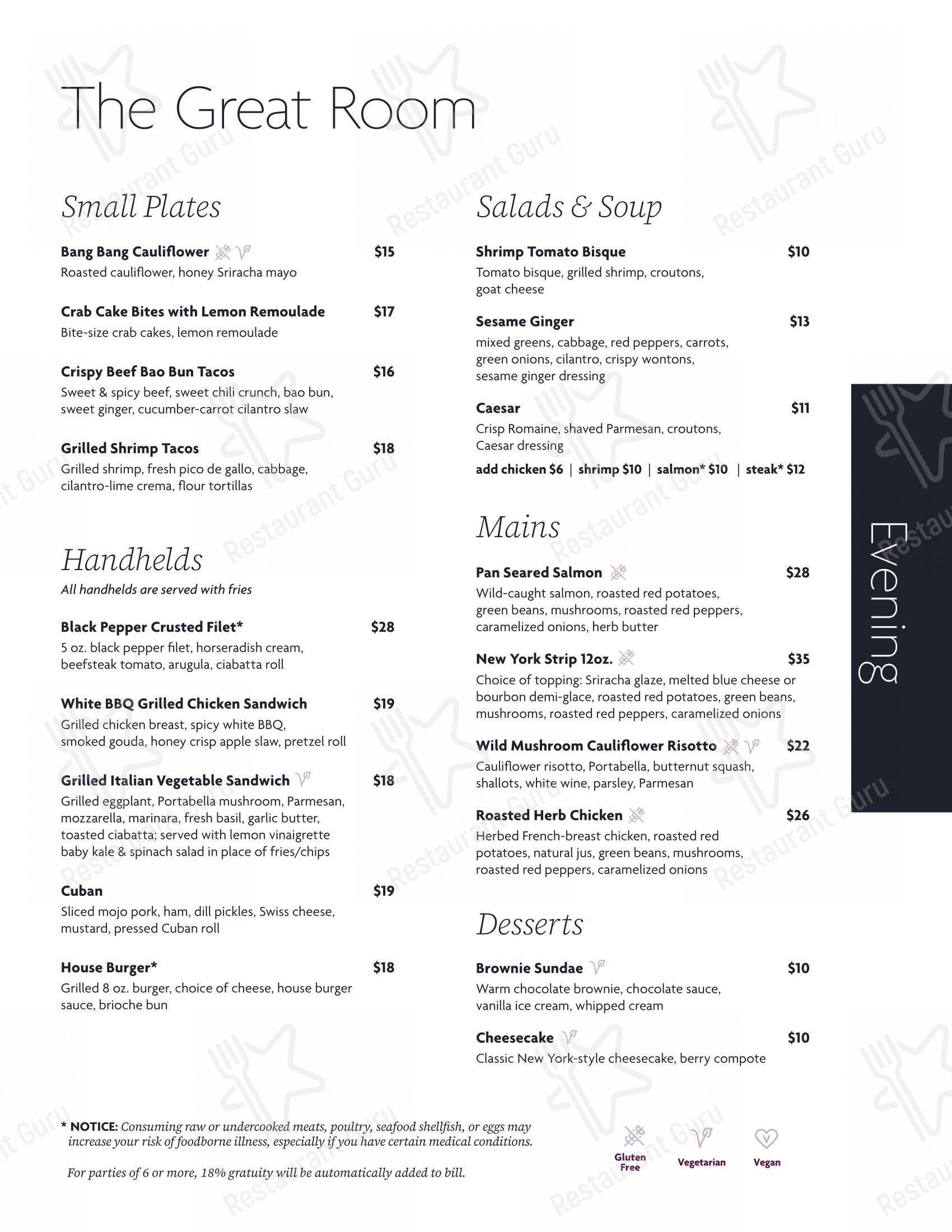 Menu at The Great Room & Mackenzie Restaurant, Lake Placid