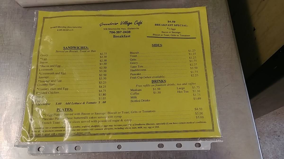 Menu at The Greenbriar Grill cafe, Statesville