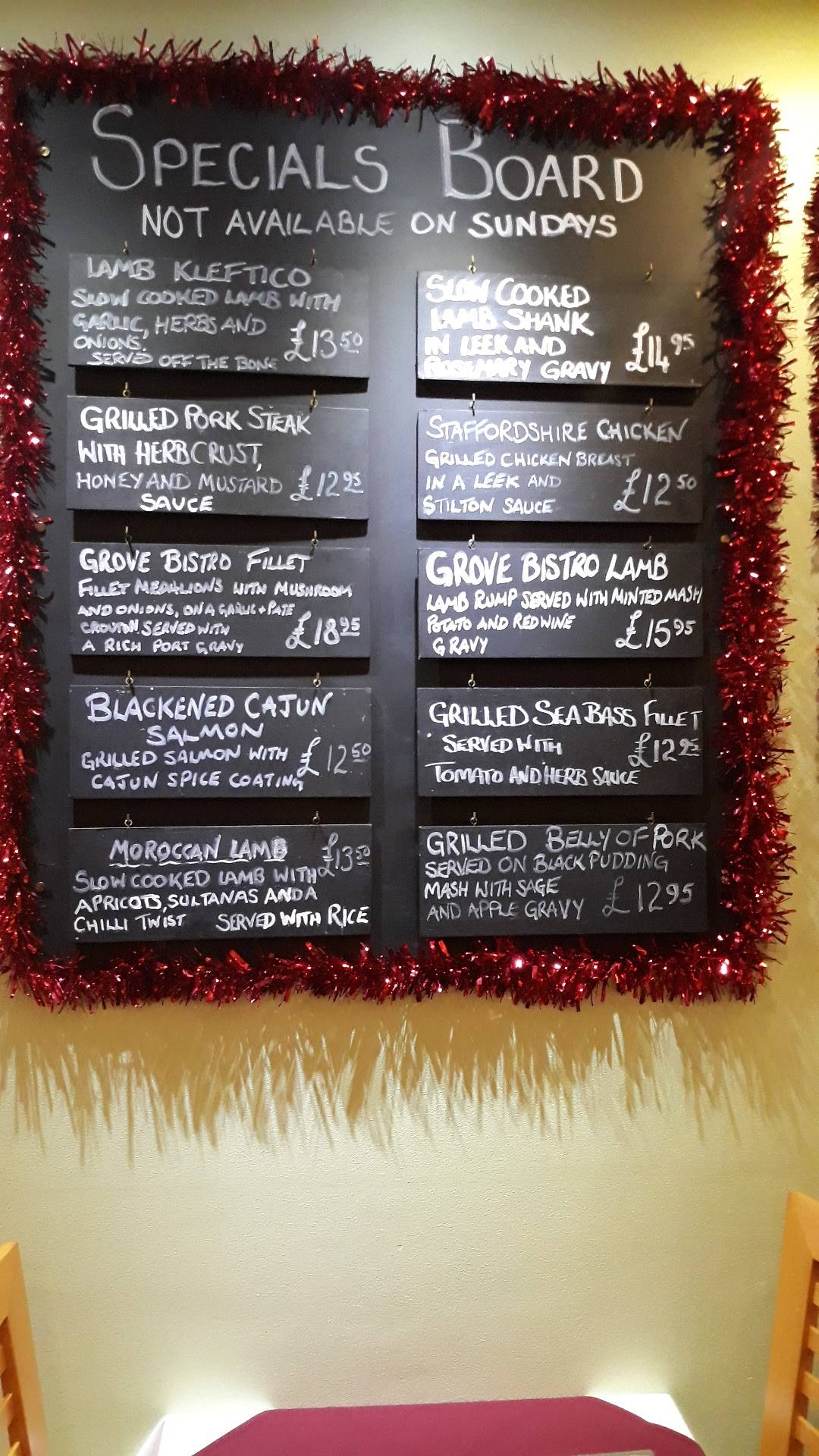 Menu at The Grove Bistro restaurant, Weston-super-Mare