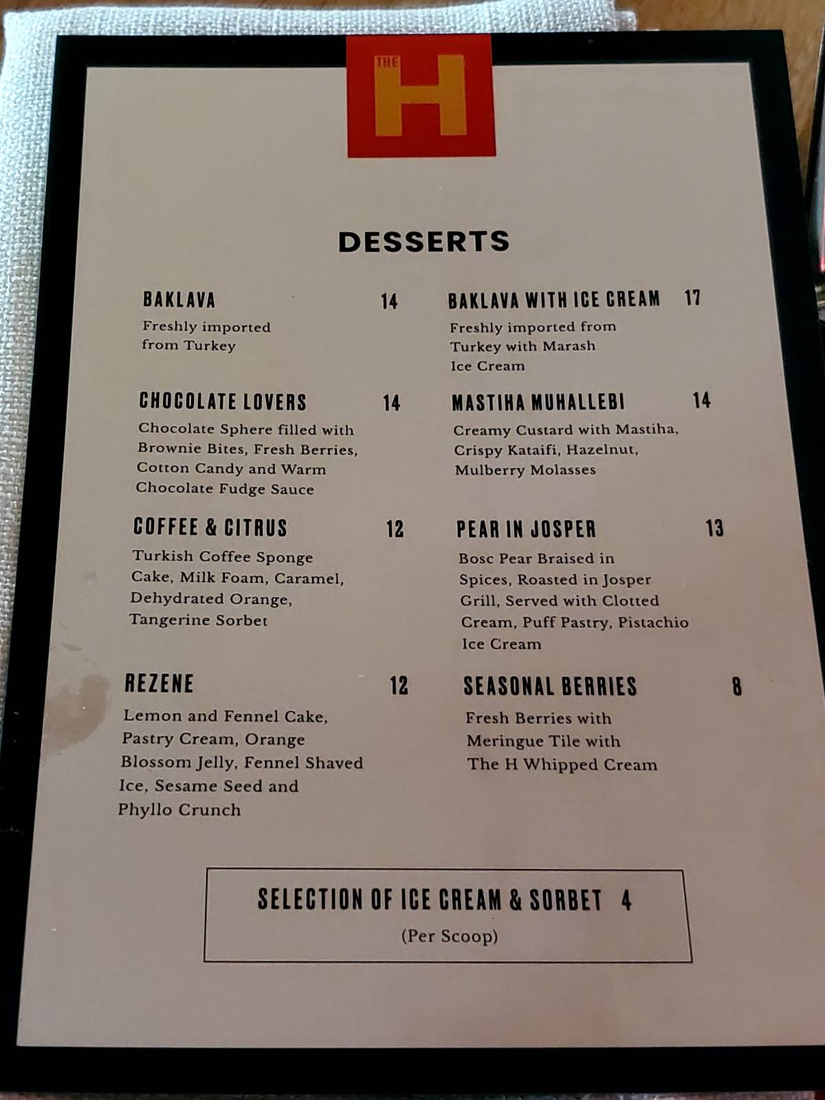 Menu at The H Orlando steakhouse, Orlando, Dr Phillips Blvd Suite 80