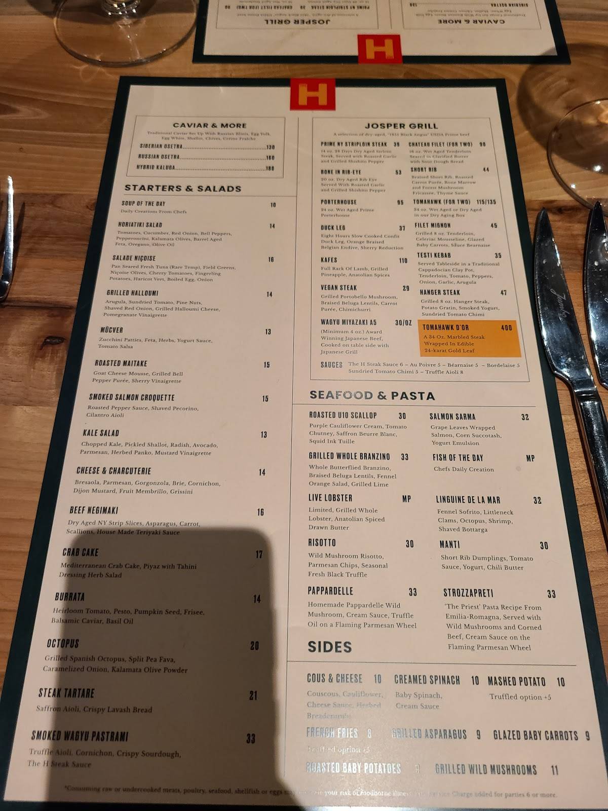 Menu at The H Orlando steakhouse, Orlando, Dr Phillips Blvd Suite 80