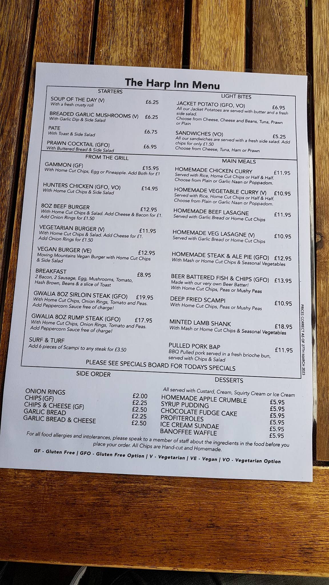 Menu at The Harp Inn pub & bar, Abergele