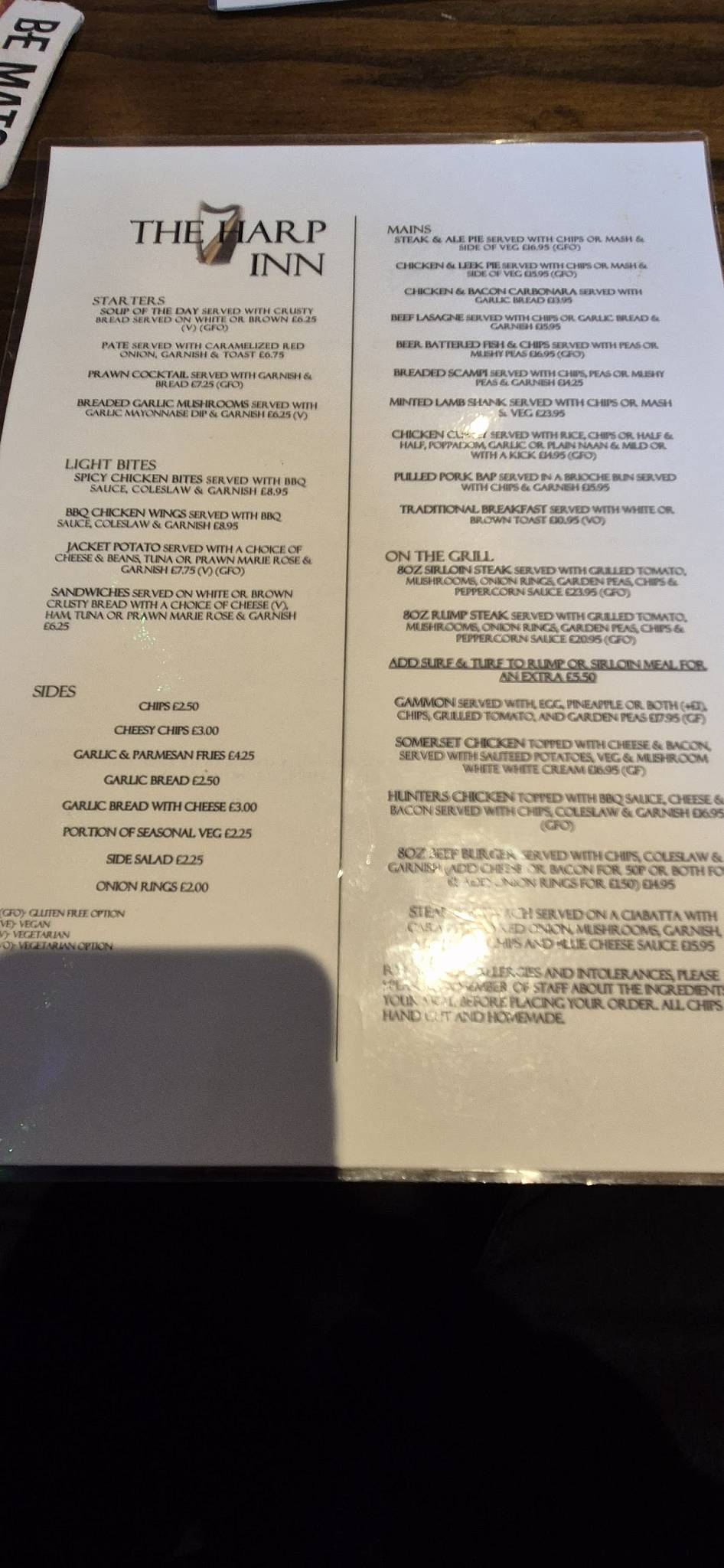 Menu at The Harp Inn pub & bar, Abergele
