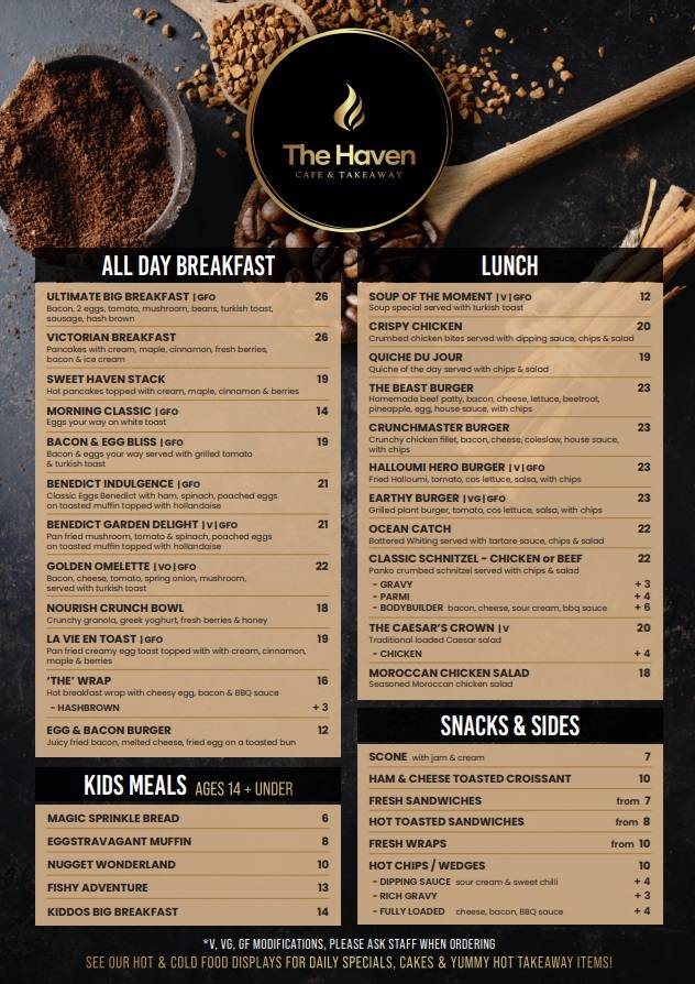 Menu at The Haven - Cafe & Takeaway, Mount Gambier