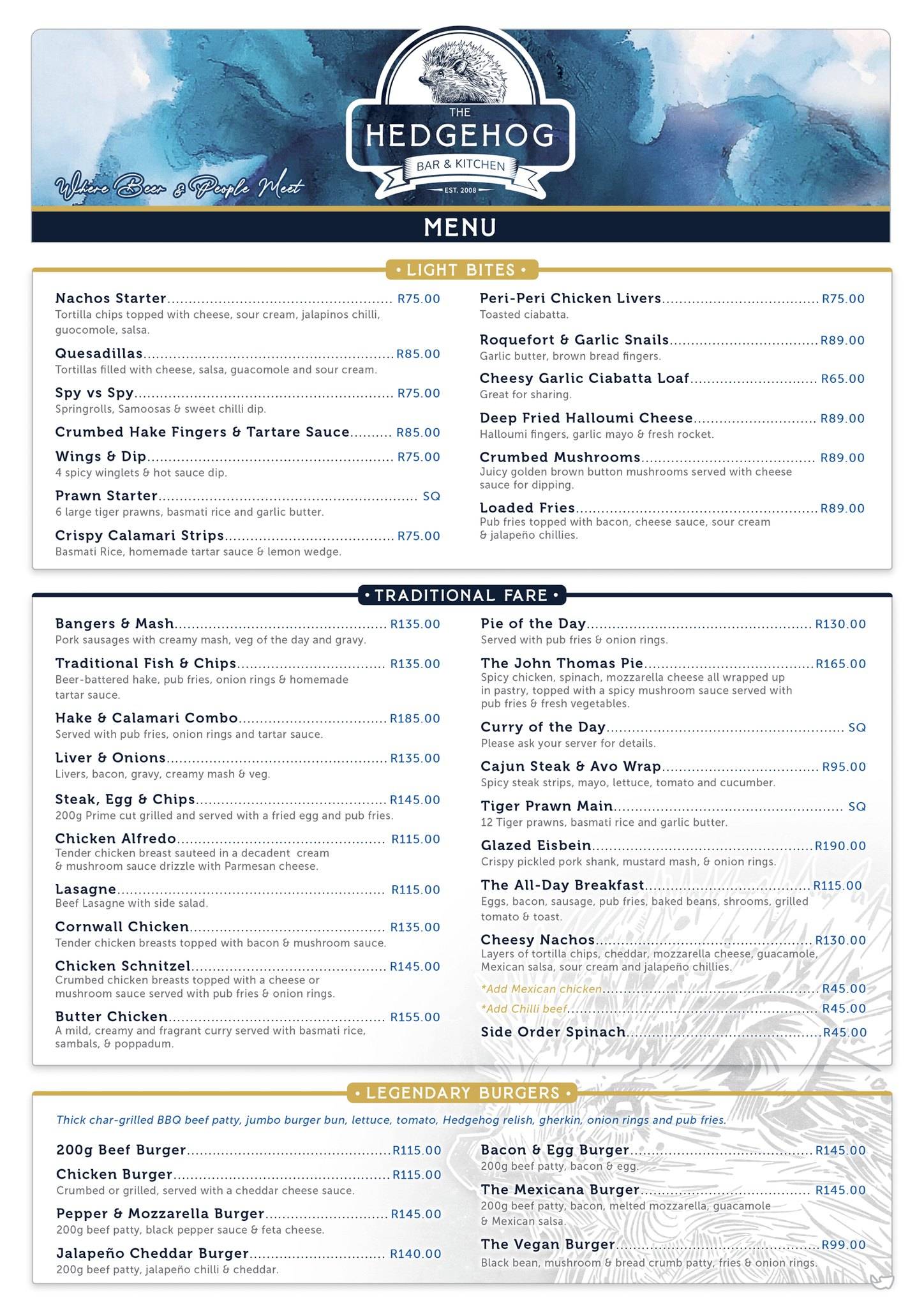 Menu at The Hedgehog Bar & Kitchen, Pietermaritzburg