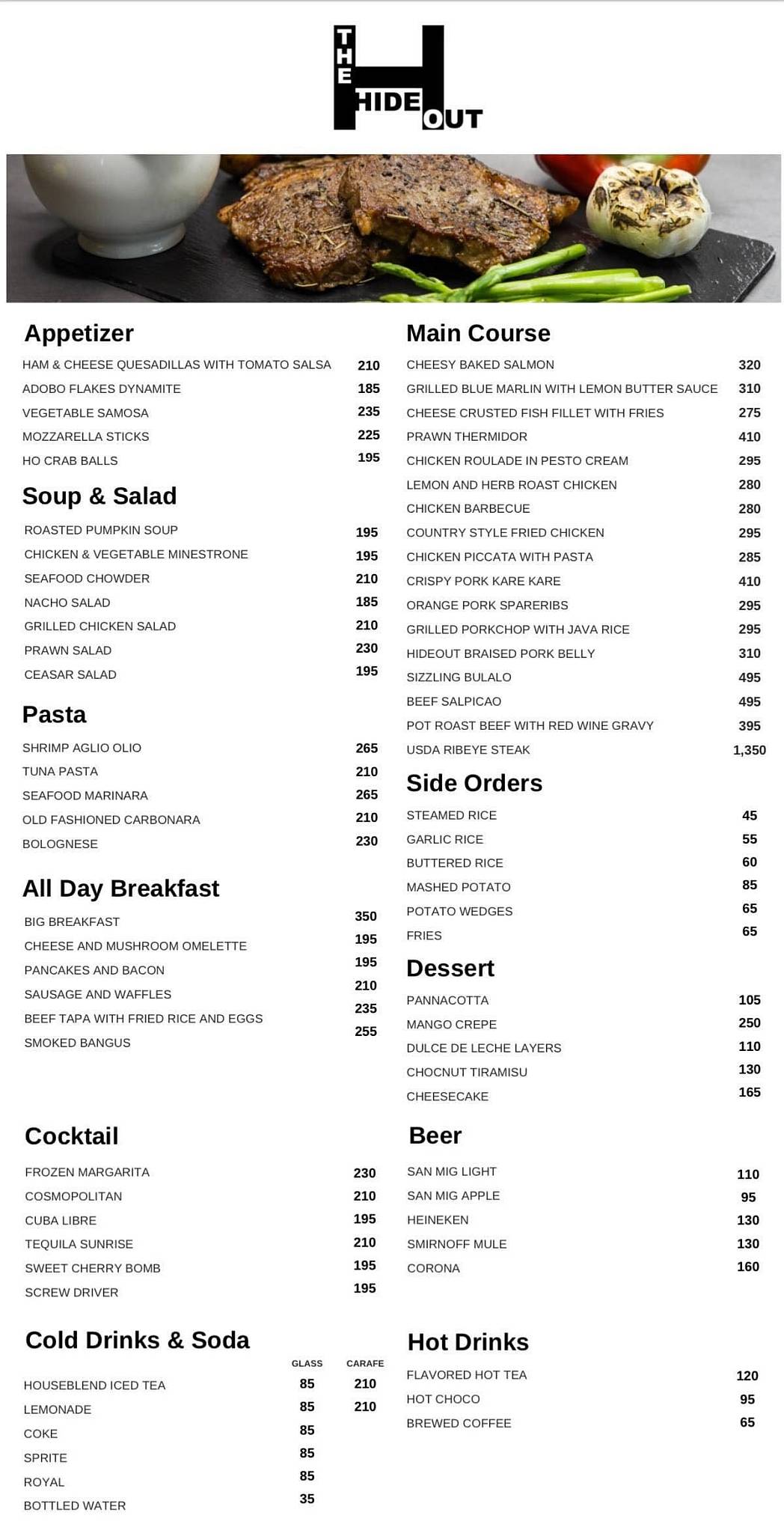 Menu at The Hide Out restaurant, Batangas Menu at The Hide Out restaurant, Batangas