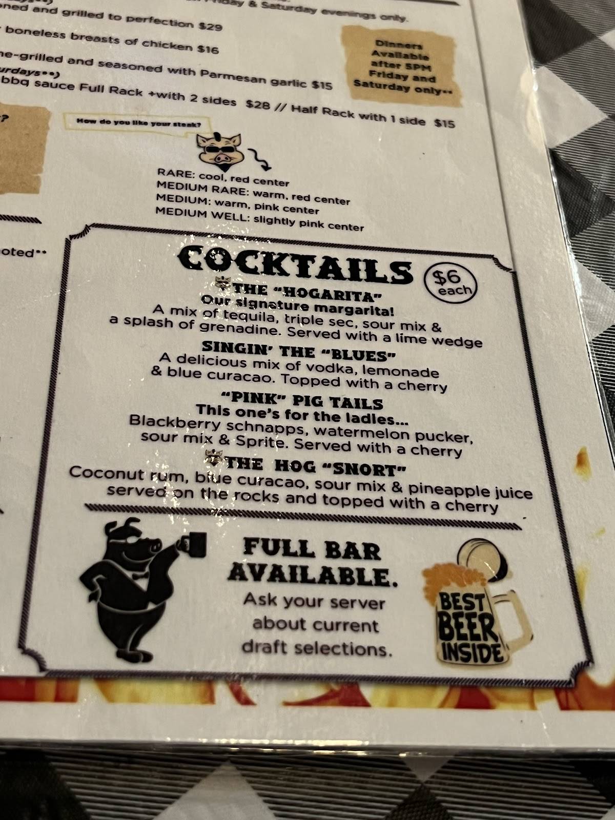 Menu at The Hog Rock Cafe & Event Center, Osgood