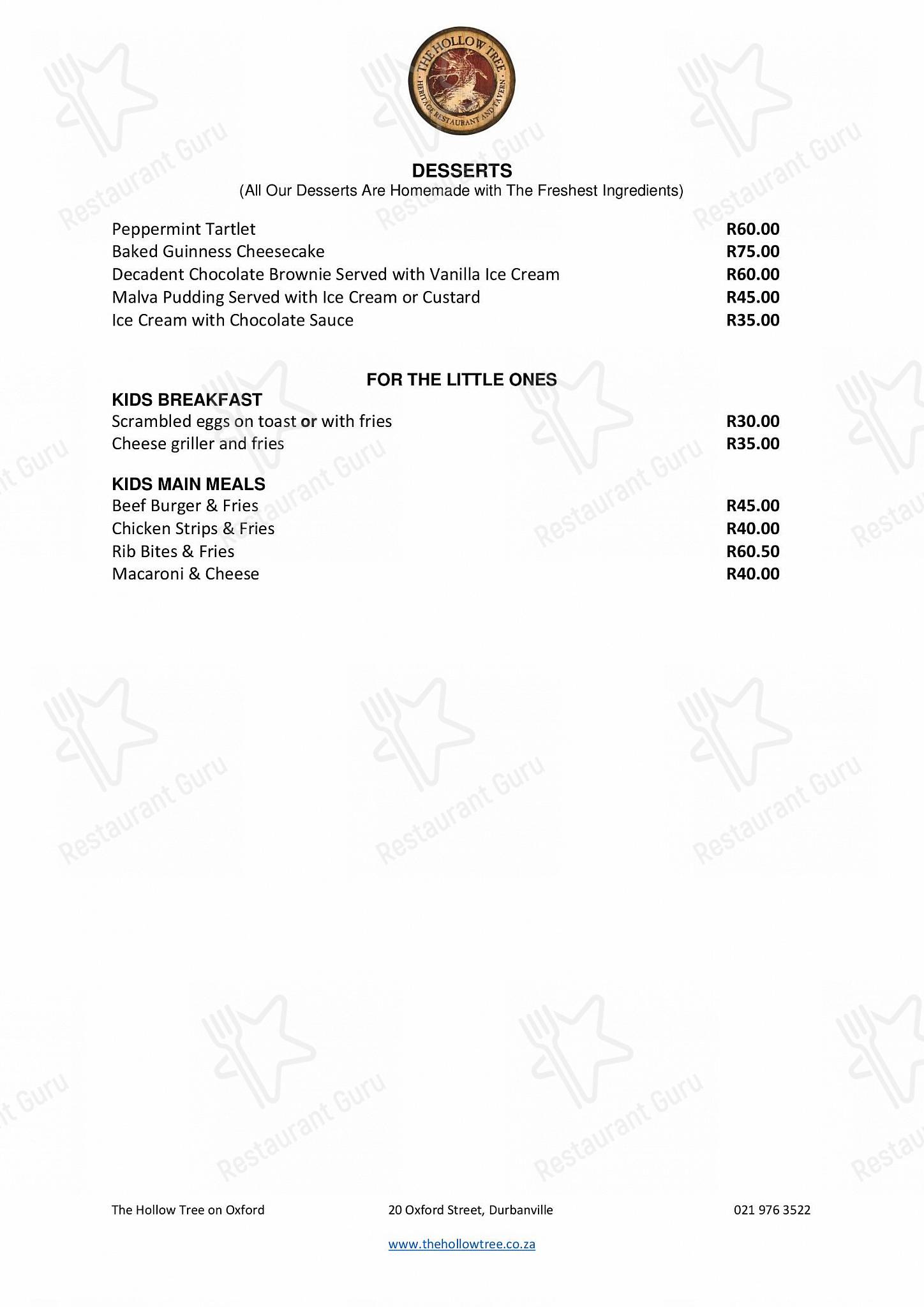 Menu at The Hollow Tree at Old Oak restaurant, Cape Town, 12 Old Oak Rd