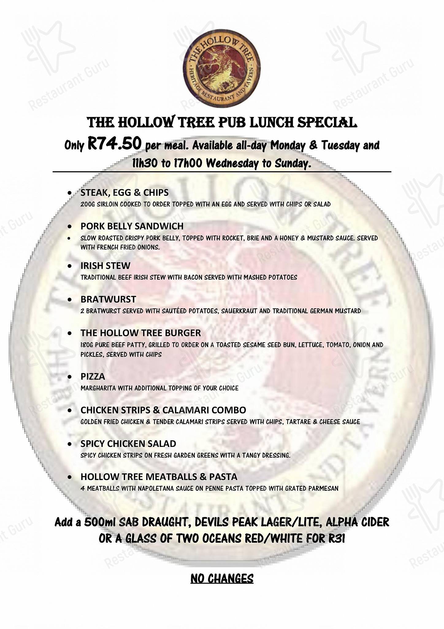 Menu at The Hollow Tree at Old Oak restaurant, Cape Town, 12 Old Oak Rd