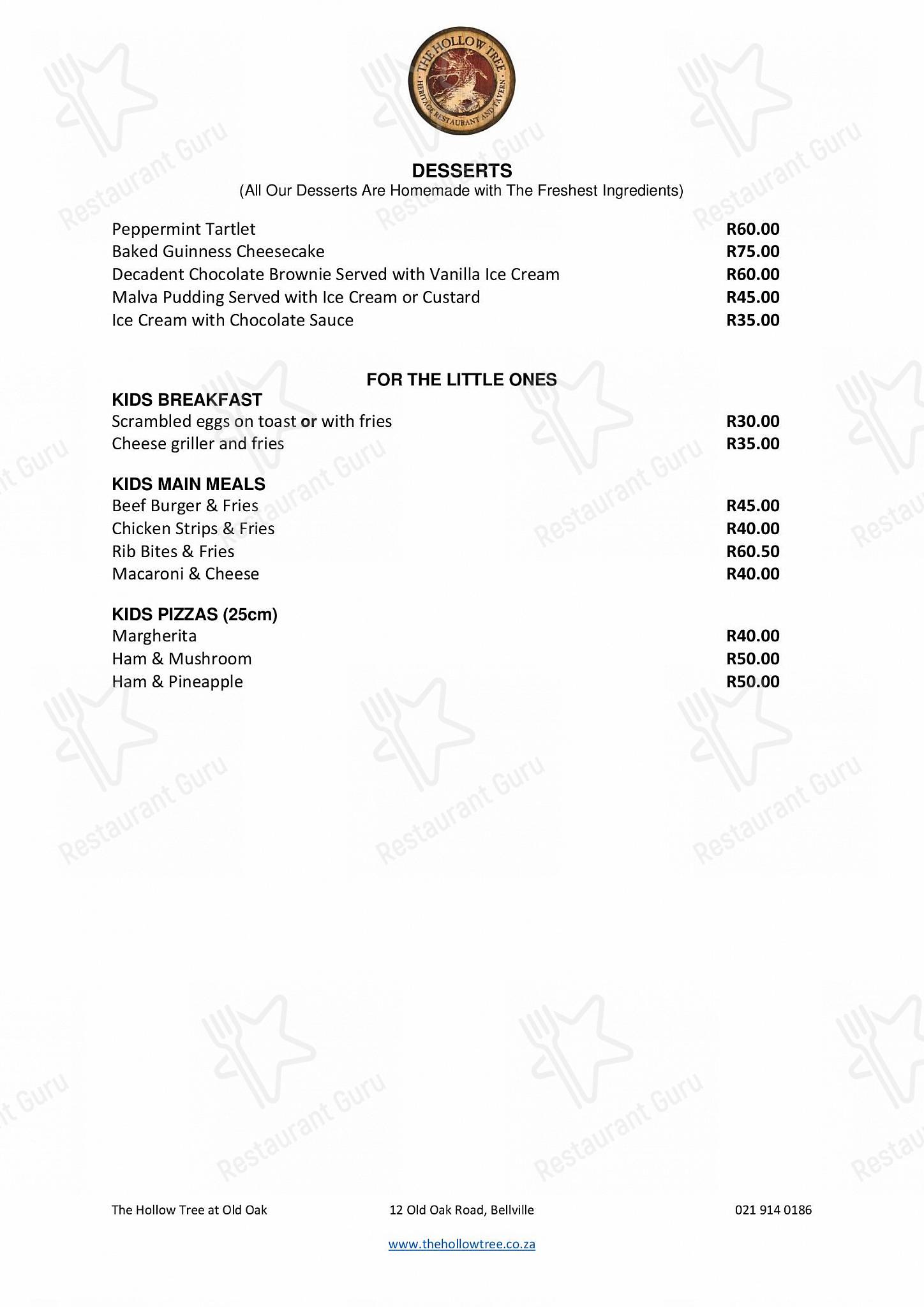 Menu at The Hollow Tree at Old Oak restaurant, Cape Town, 12 Old Oak Rd
