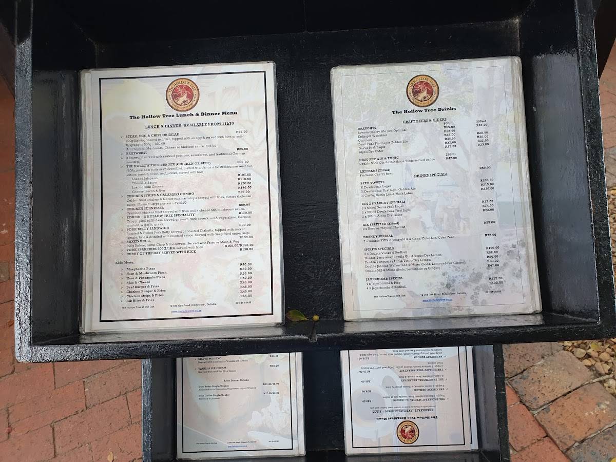 Menu at The Hollow Tree at Old Oak restaurant, Cape Town, 12 Old Oak Rd