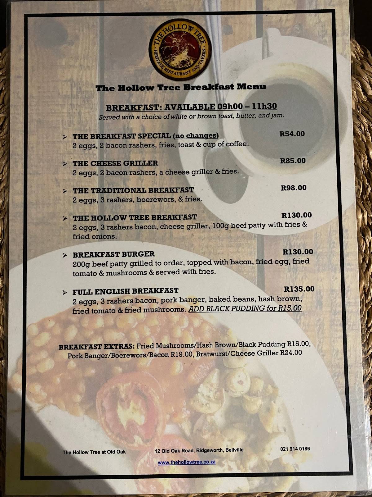 Menu at The Hollow Tree at Old Oak restaurant, Cape Town, 12 Old Oak Rd