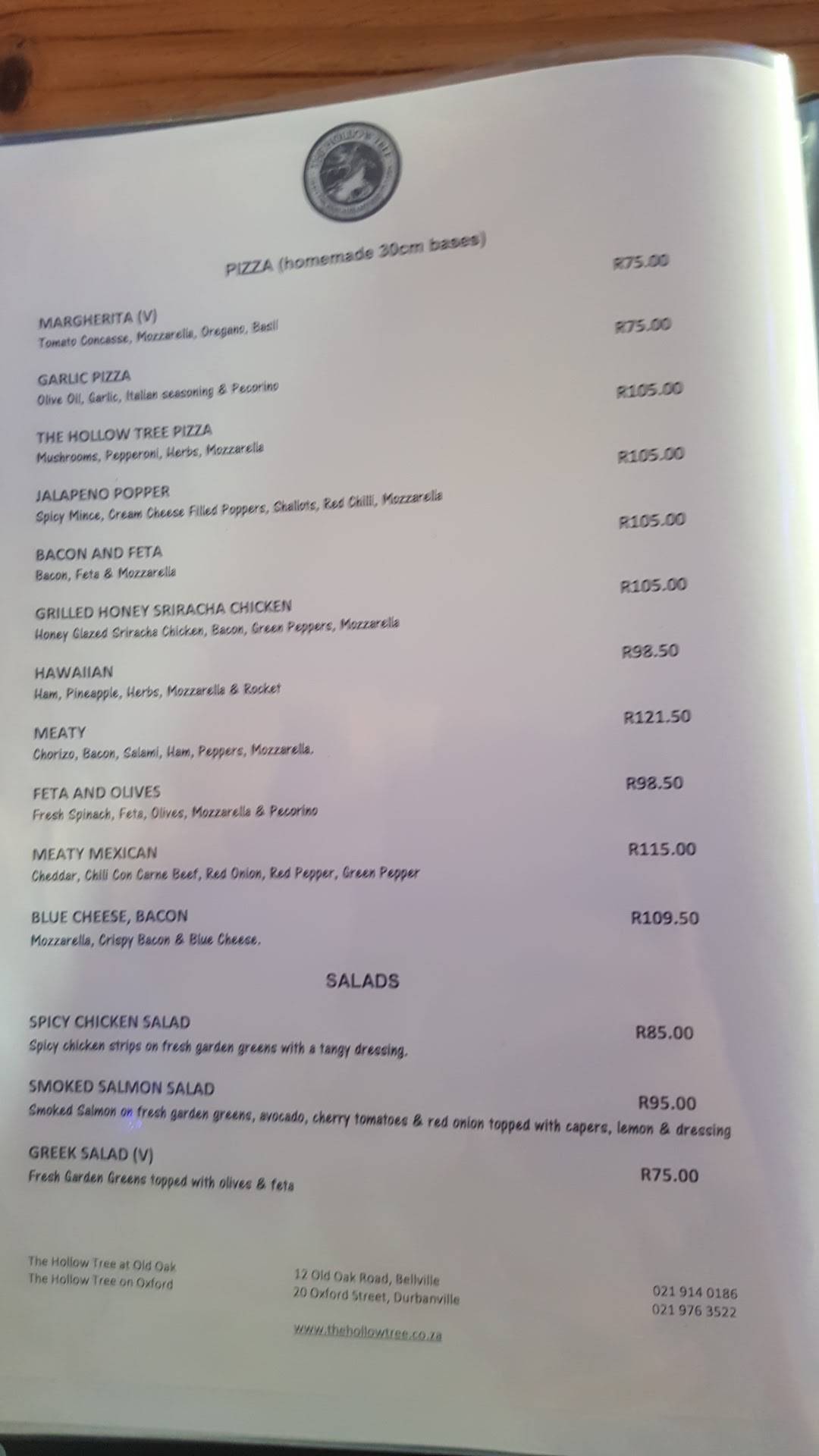 Menu at The Hollow Tree at Old Oak restaurant, Cape Town, 12 Old Oak Rd