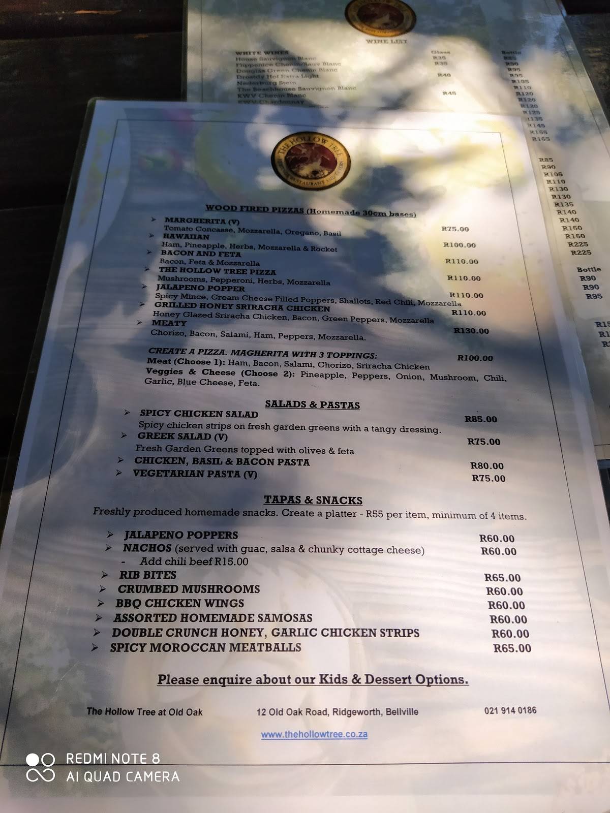 Menu at The Hollow Tree at Old Oak restaurant, Cape Town, 12 Old Oak Rd