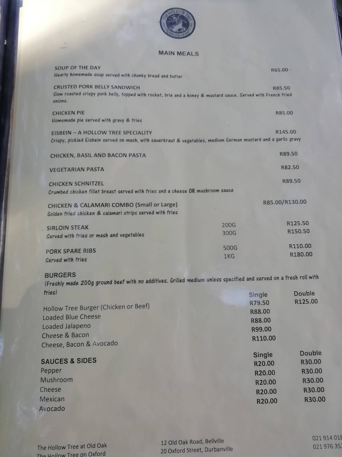 Menu at The Hollow Tree at Old Oak restaurant, Cape Town, 12 Old Oak Rd