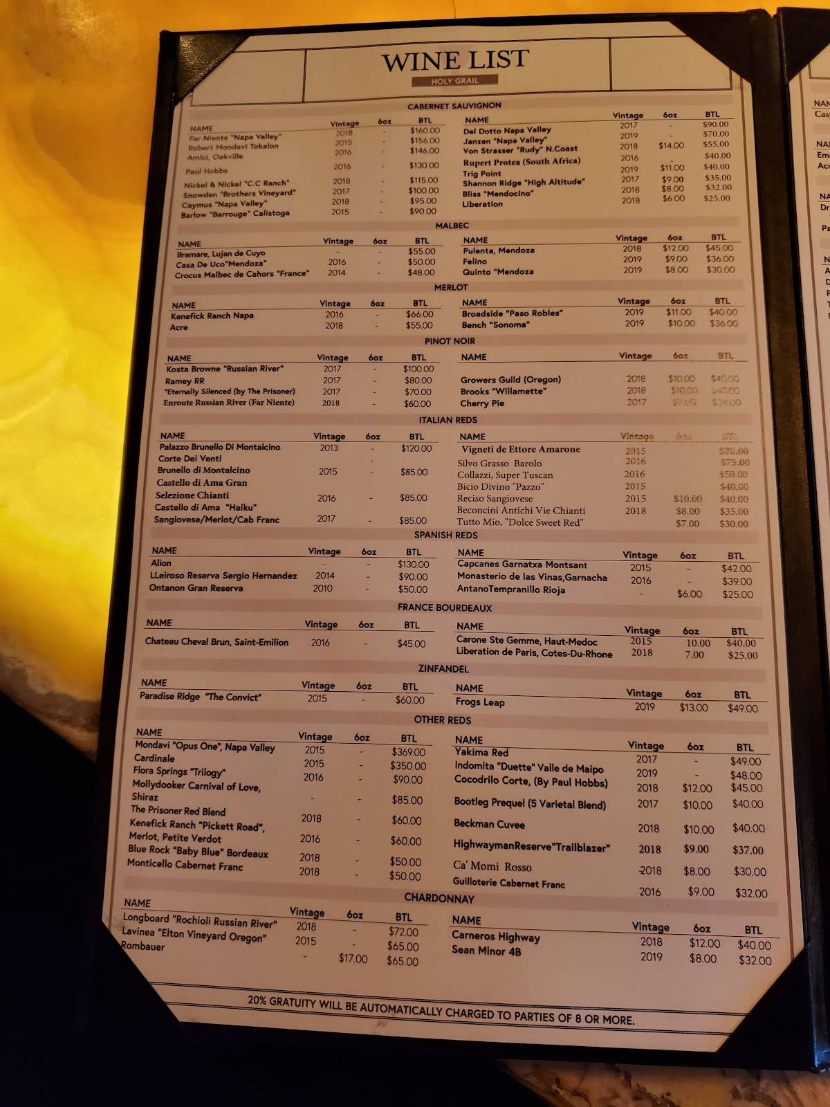 Menu at The Holy Grail pub & bar, El Paso
