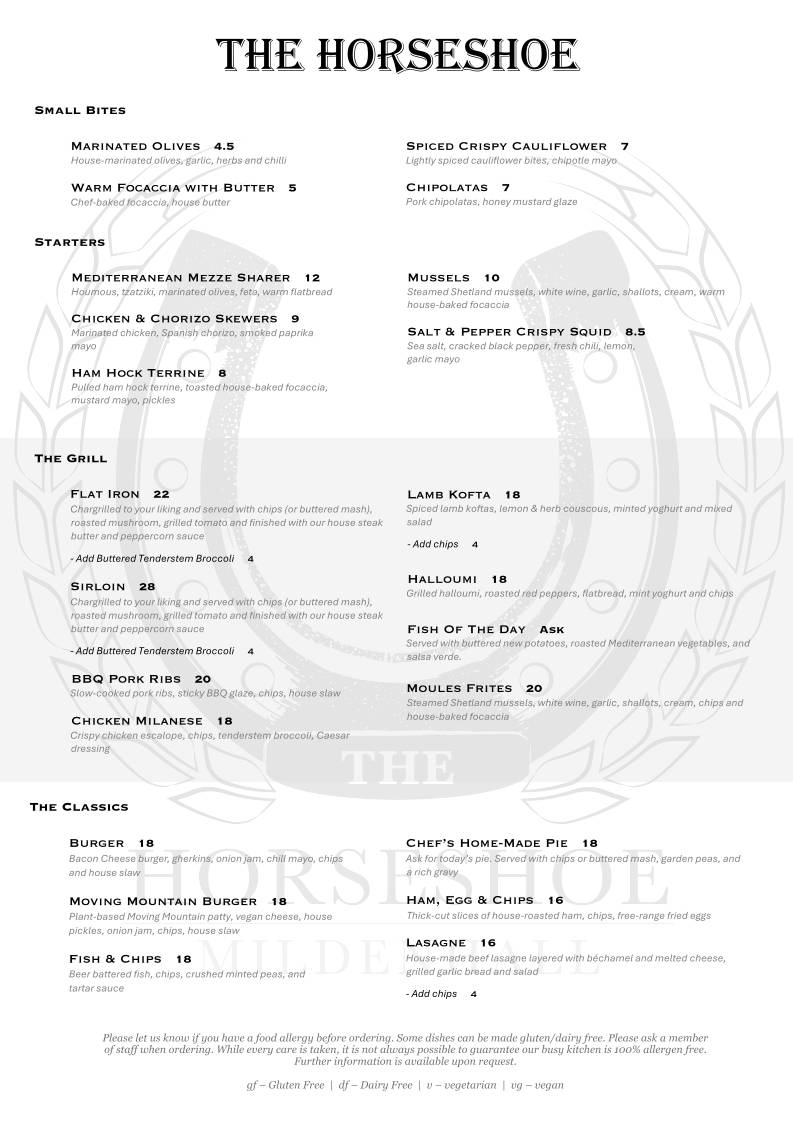 Menu at The Horseshoe pub & bar, Mildenhall, The Horse Shoe The ...
