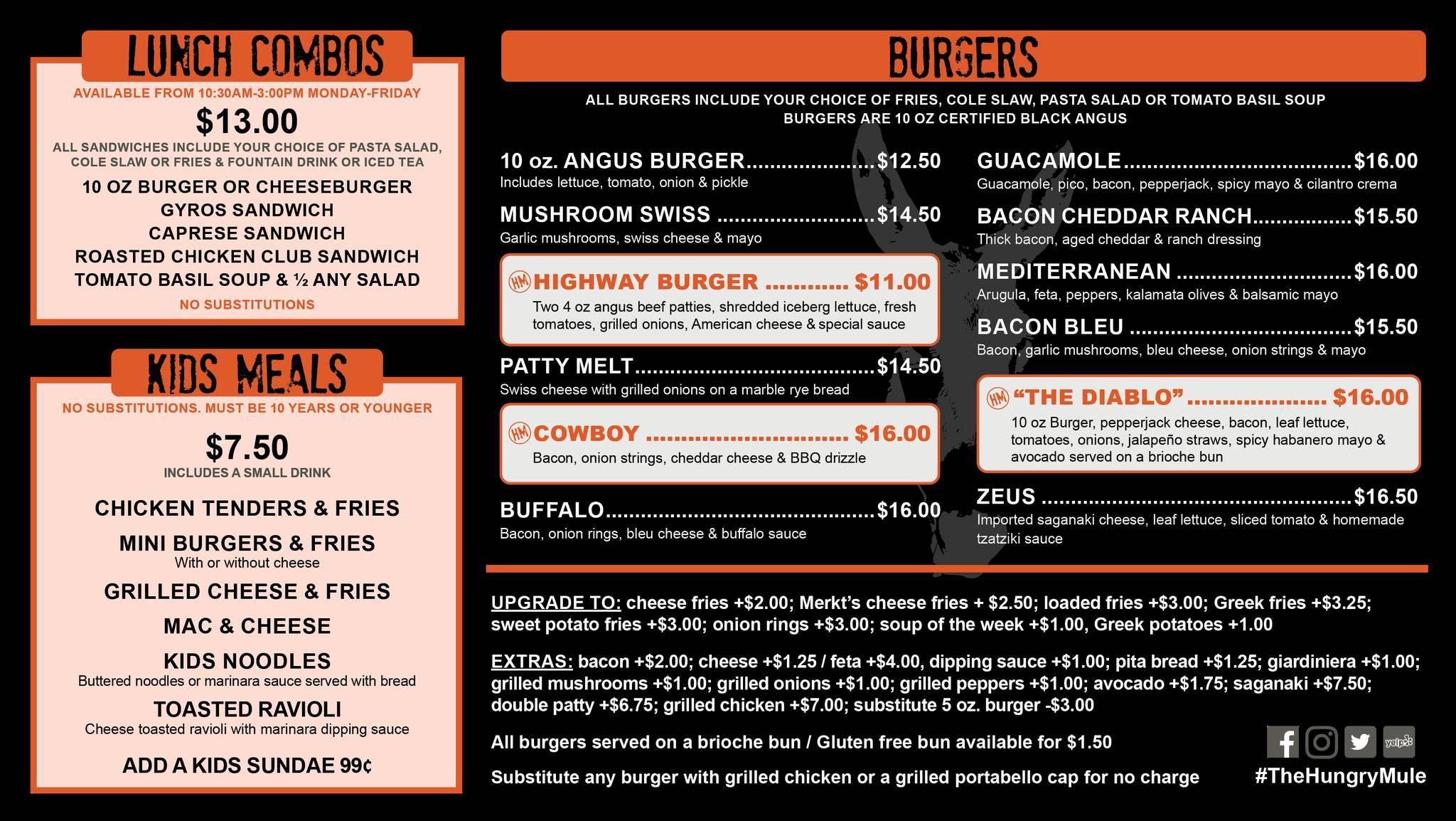 Menu at The Hungry Mule pub & bar, Lake Zurich