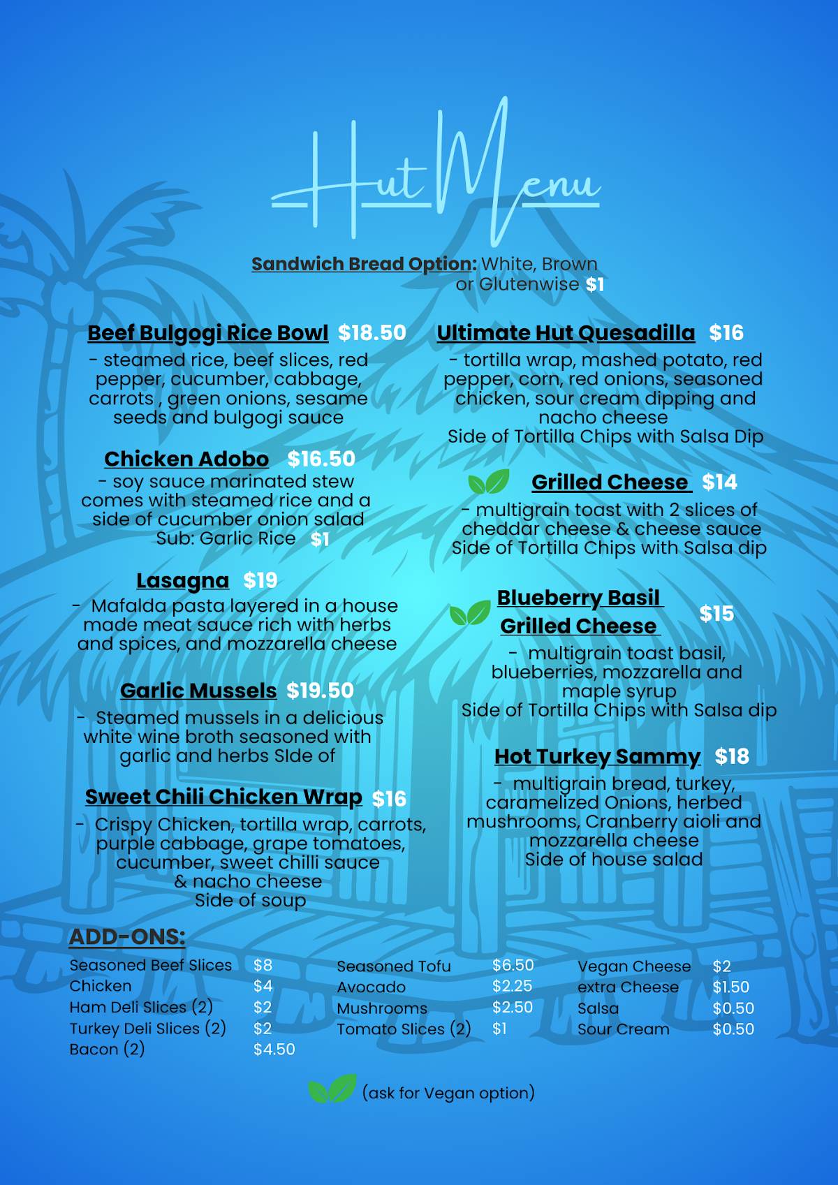 Menu at The Hut Café (Resto Bar & Patio), Pincher Creek