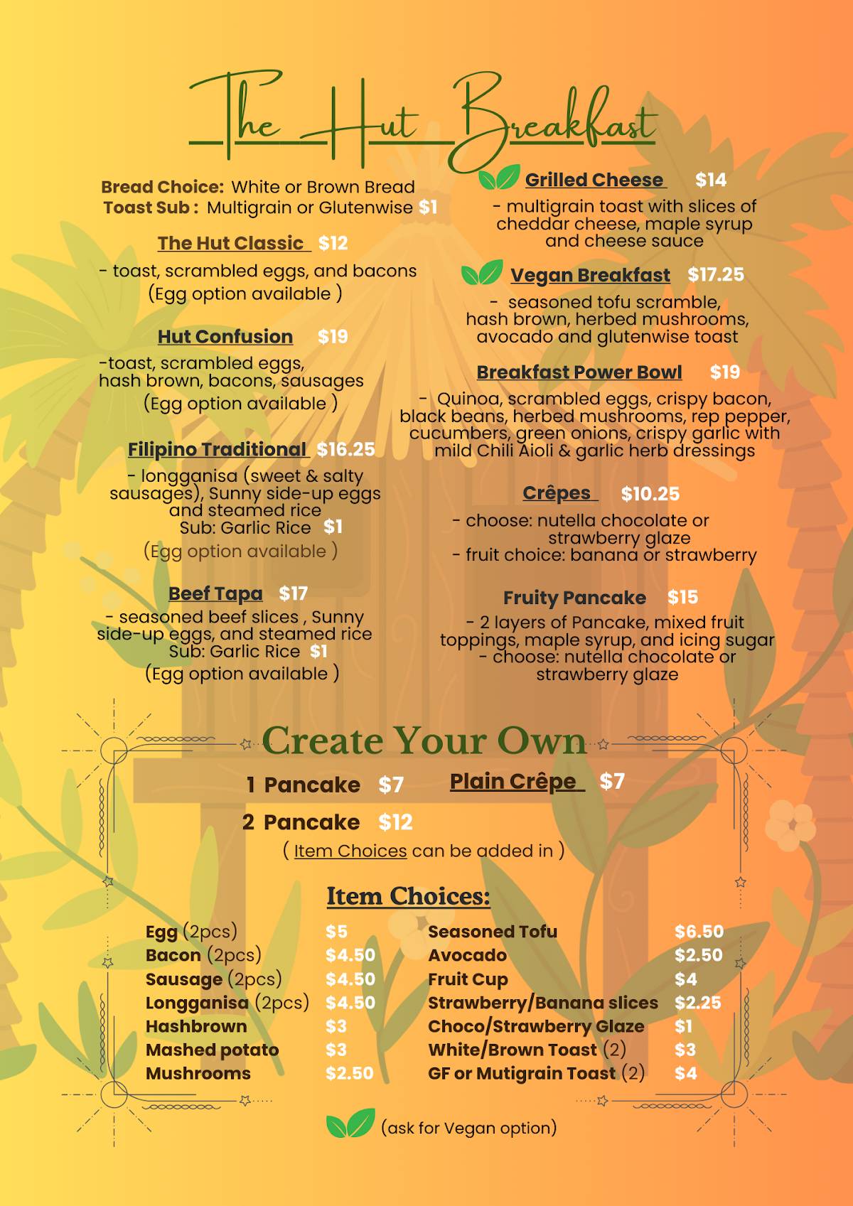 Menu at The Hut Café (Resto Bar & Patio), Pincher Creek