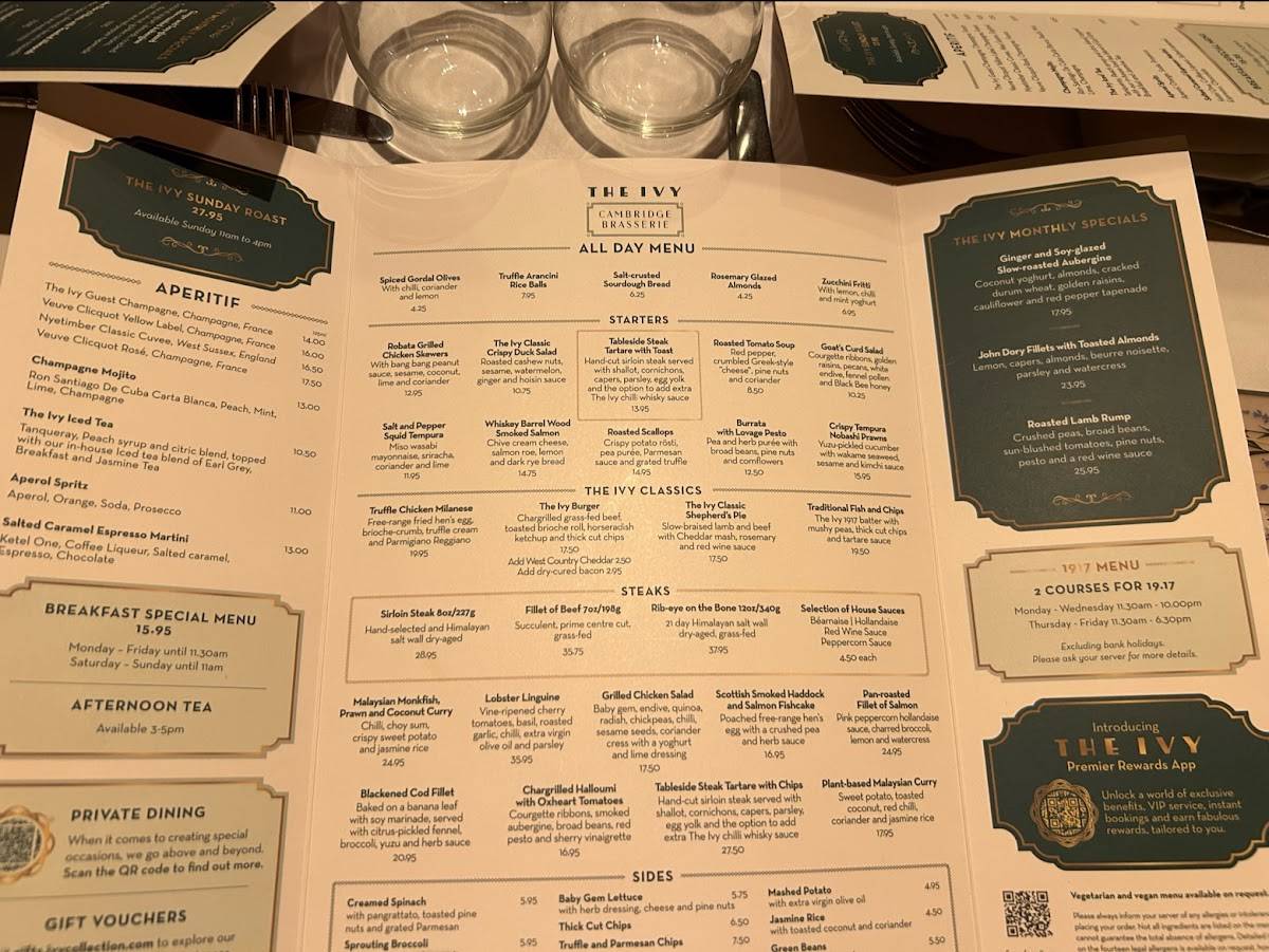 Menu at The Ivy Cambridge Brasserie restaurant, Cambridge