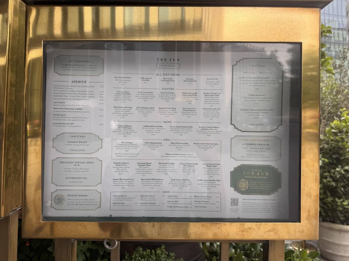 Menu at The Ivy Spinningfields Brasserie, Manchester restaurant, Manchester