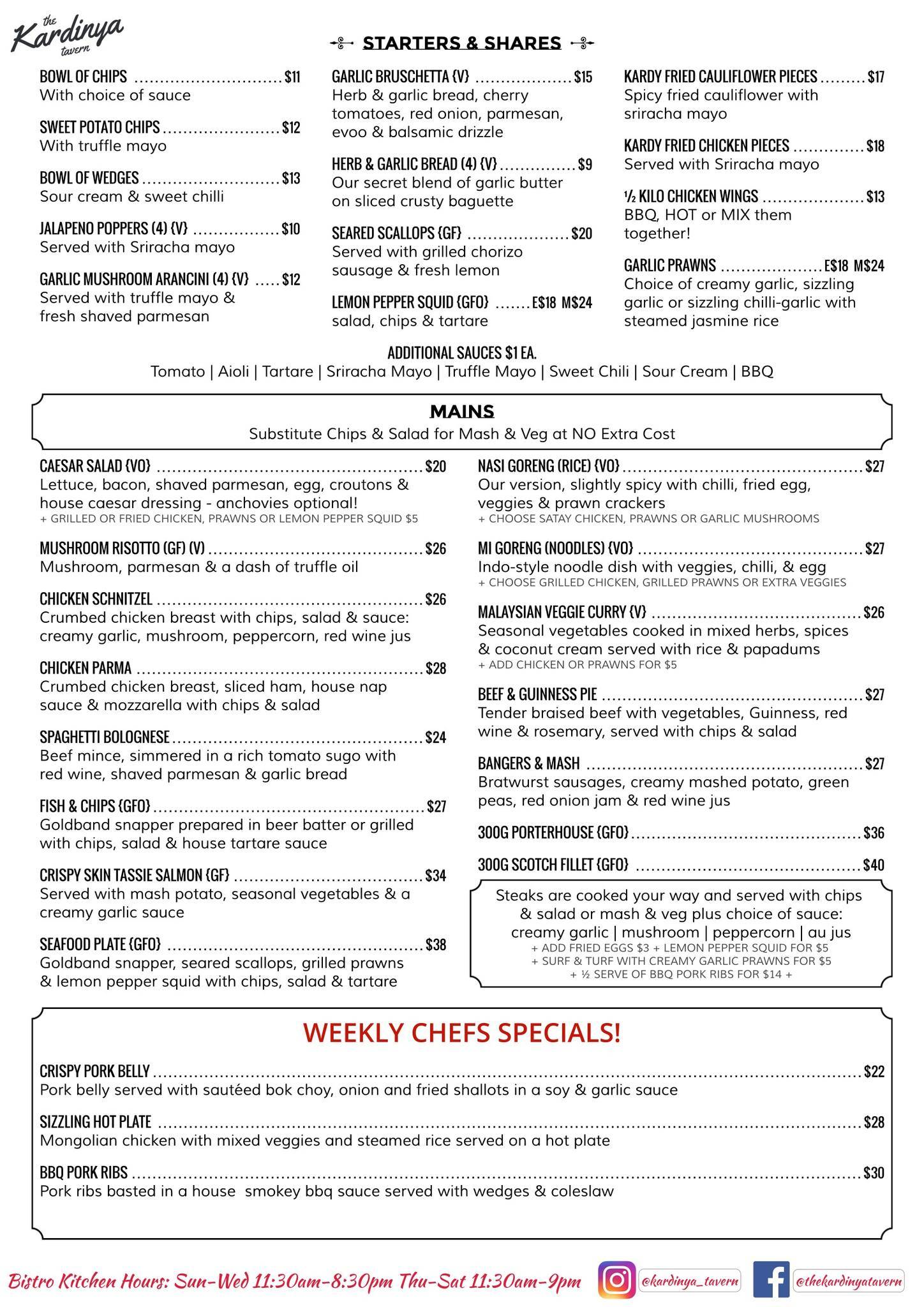 Menu at The Kardy fast food, Kardinya