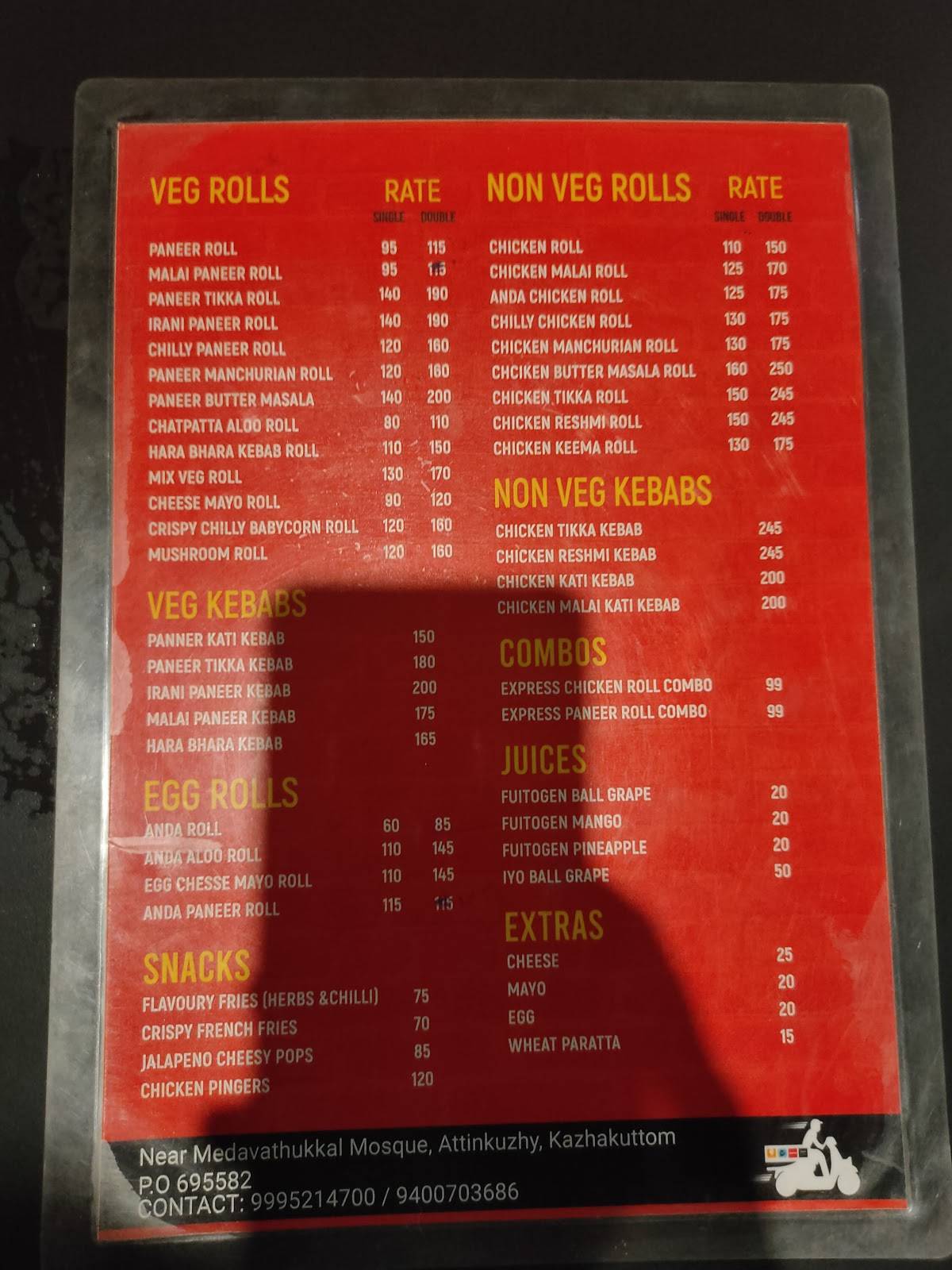 Menu at The Kati Roll Shop- Kazhakuttom, Kazhakkoottam
