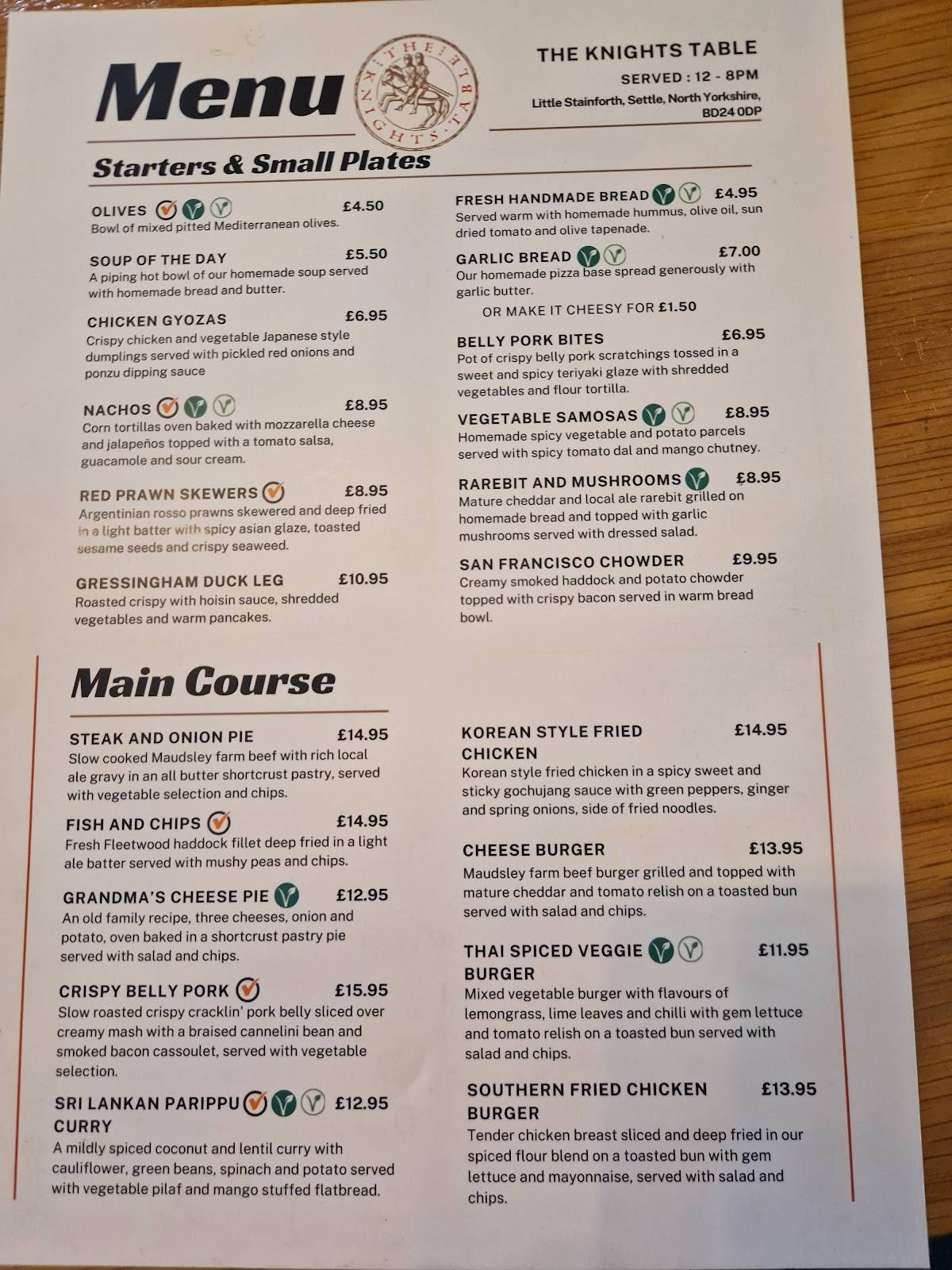 Menu at The Knights Table cafe, Settle, Knight Stainforth Hall