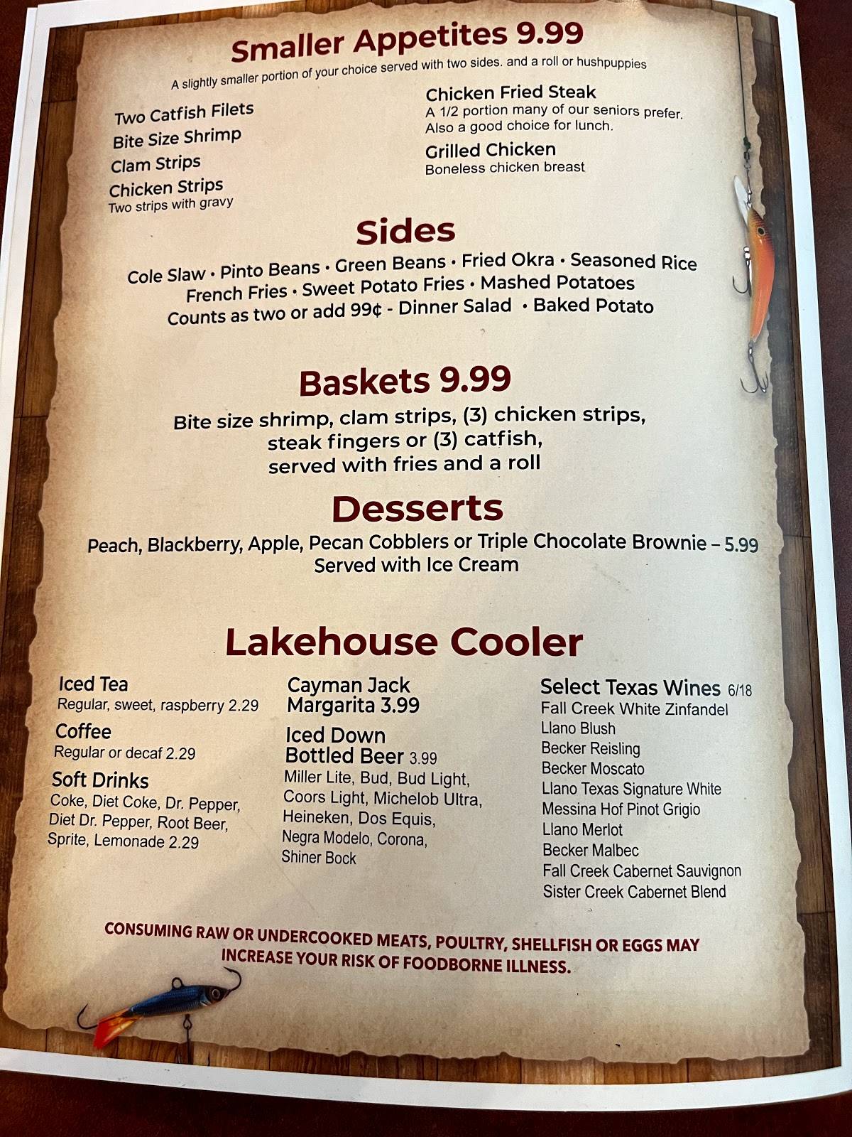 Menu at The Lakehouse restaurant, Kerrville, Junction Hwy