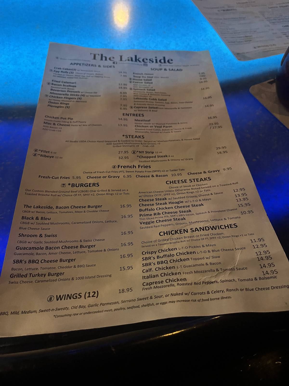 Menu at The Lakeside restaurant, Saylorsburg