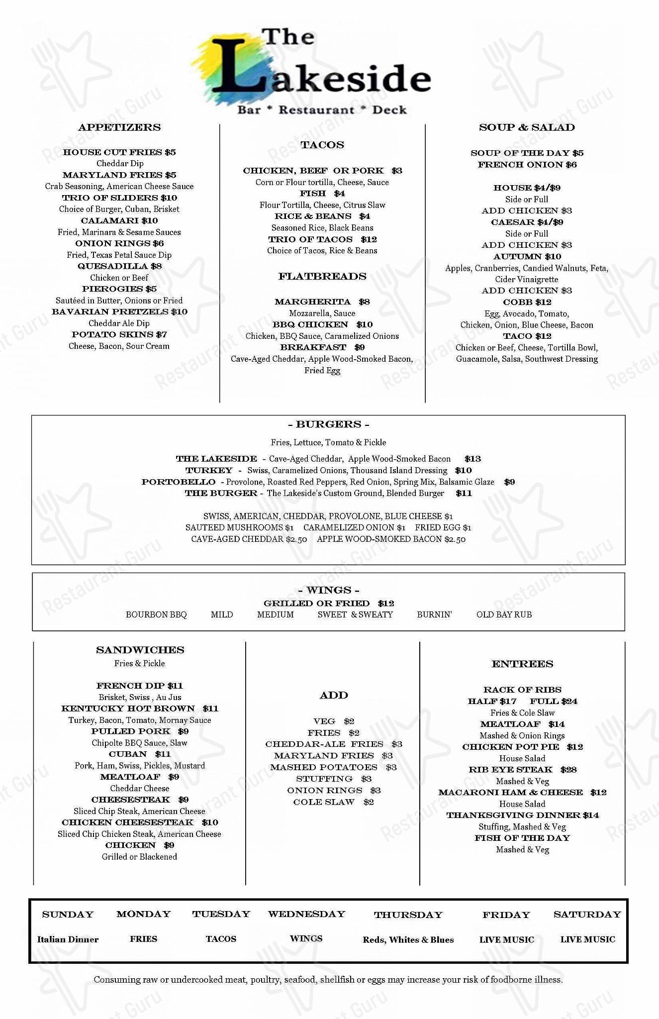 Menu at The Lakeside restaurant, Saylorsburg