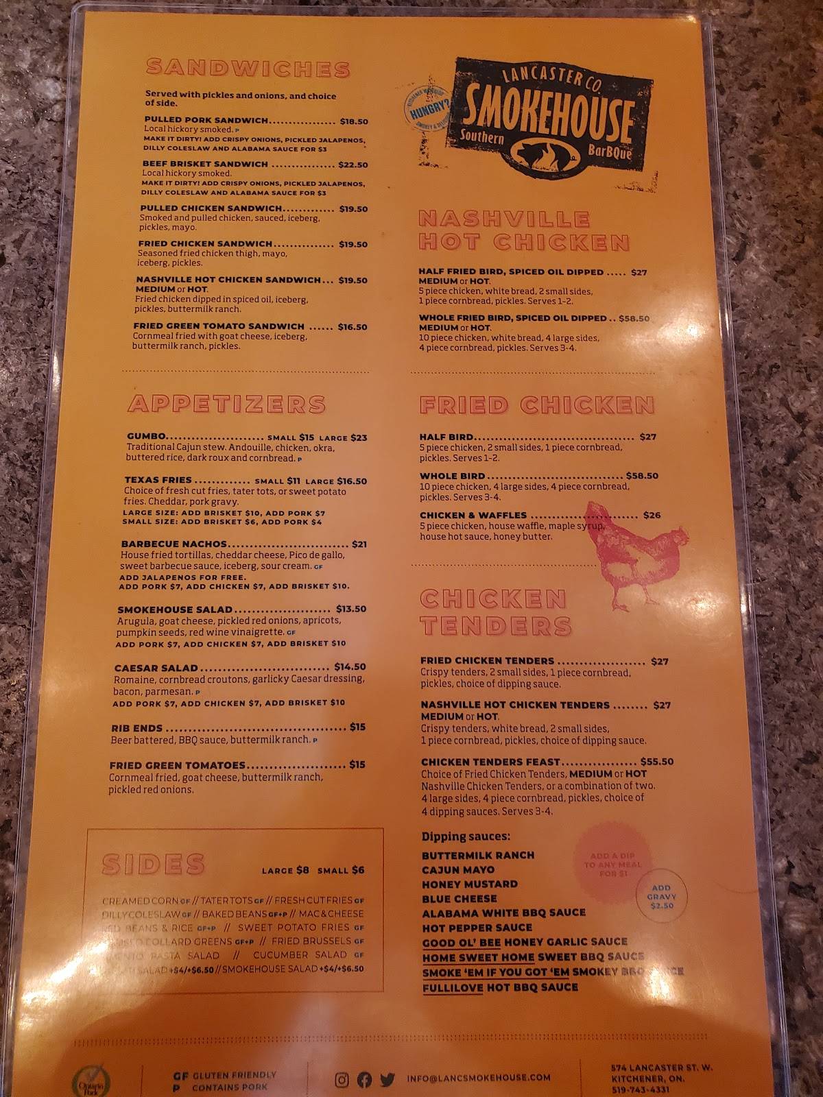 Menu at The Lancaster Smokehouse restaurant, Kitchener