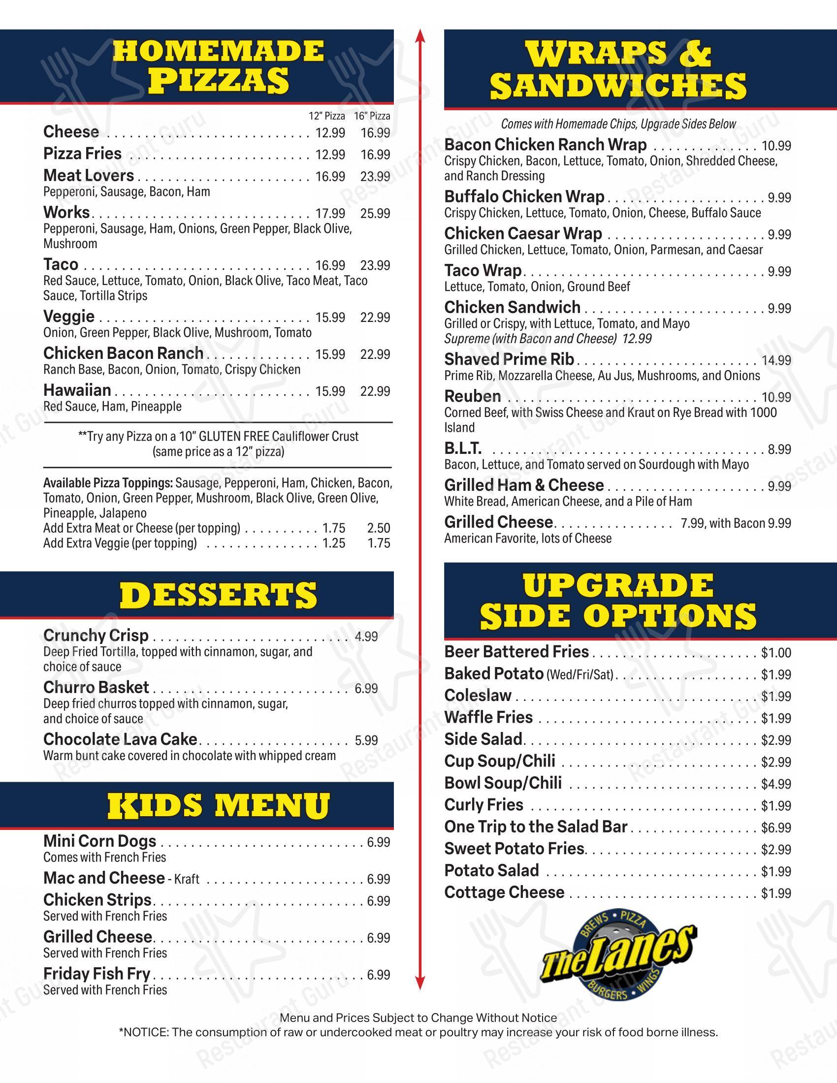 Menu at The Lanes pub & bar, Park Falls