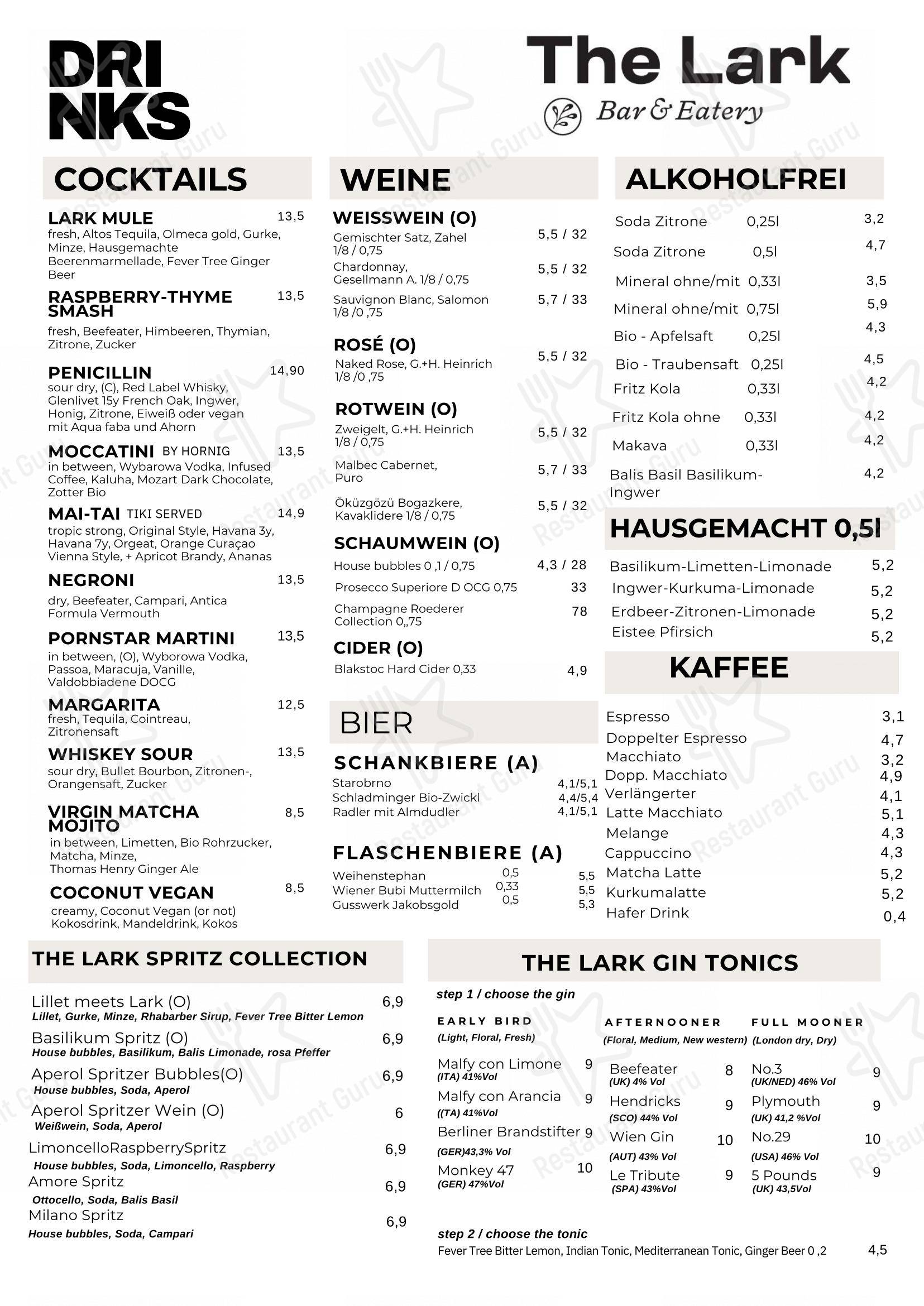 Speisekarte von The Lark Bar & Eatery, Wien