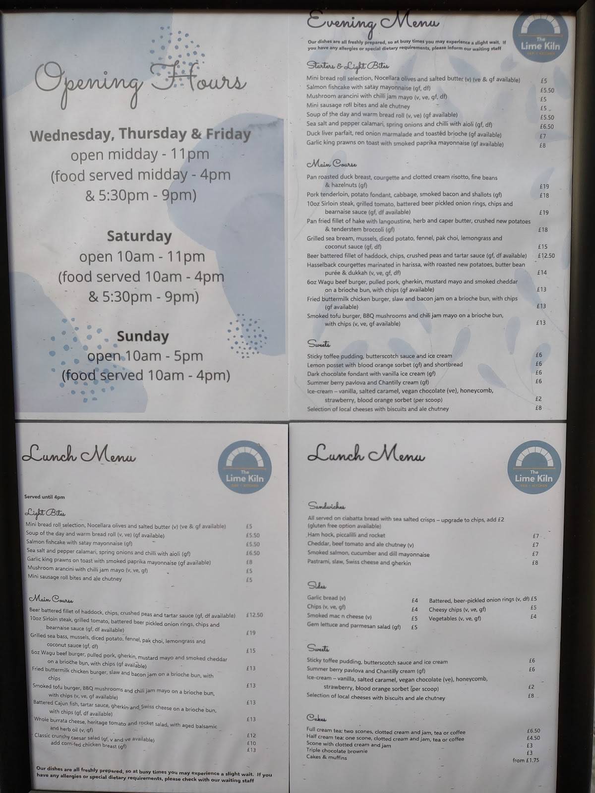 Menu at The Lime Kiln pub & bar, Oswestry, Porth-Y-Waen