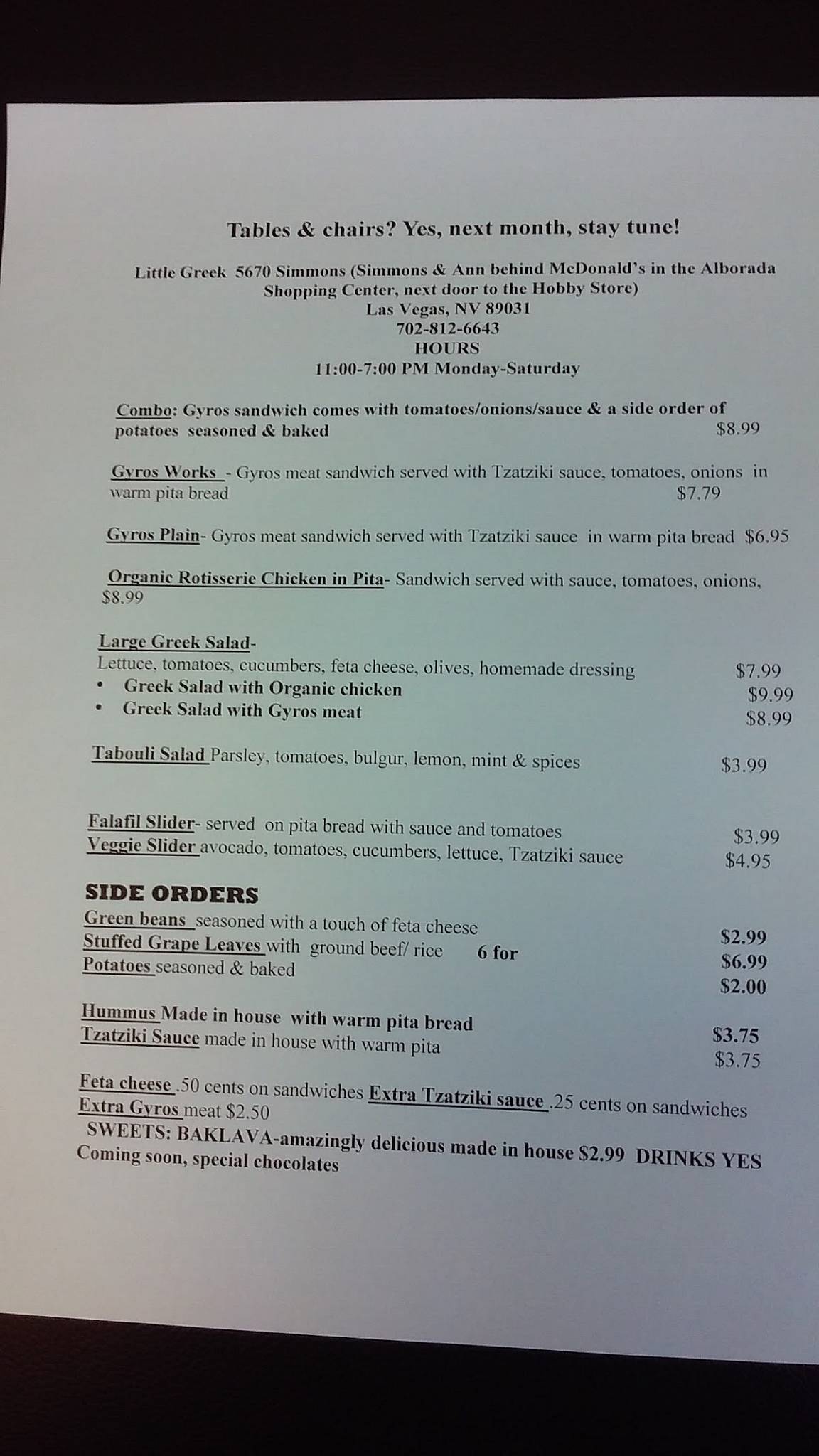 Menu at The Little Greek restaurant, North Las Vegas