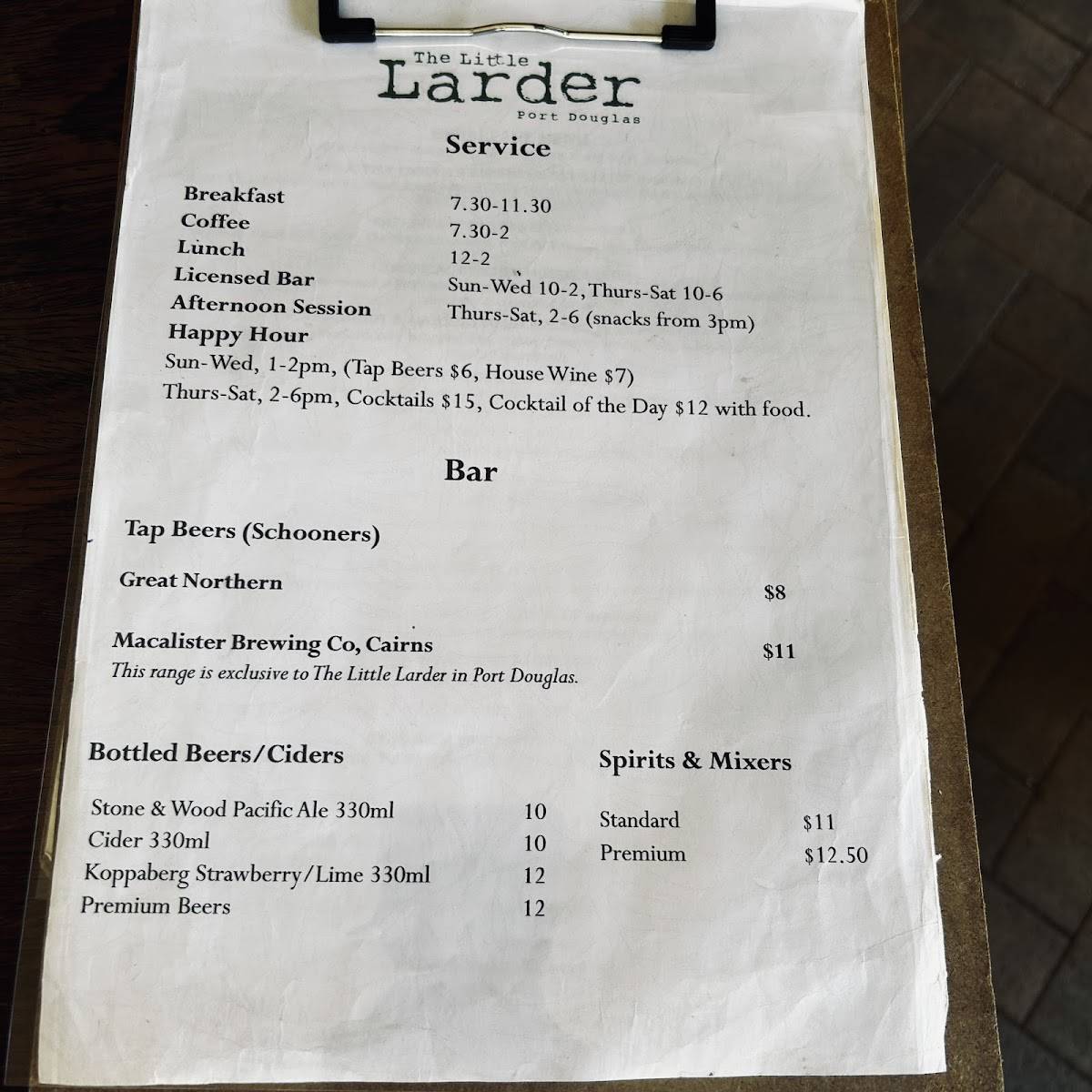 Menu at The Little Larder cafe, Port Douglas