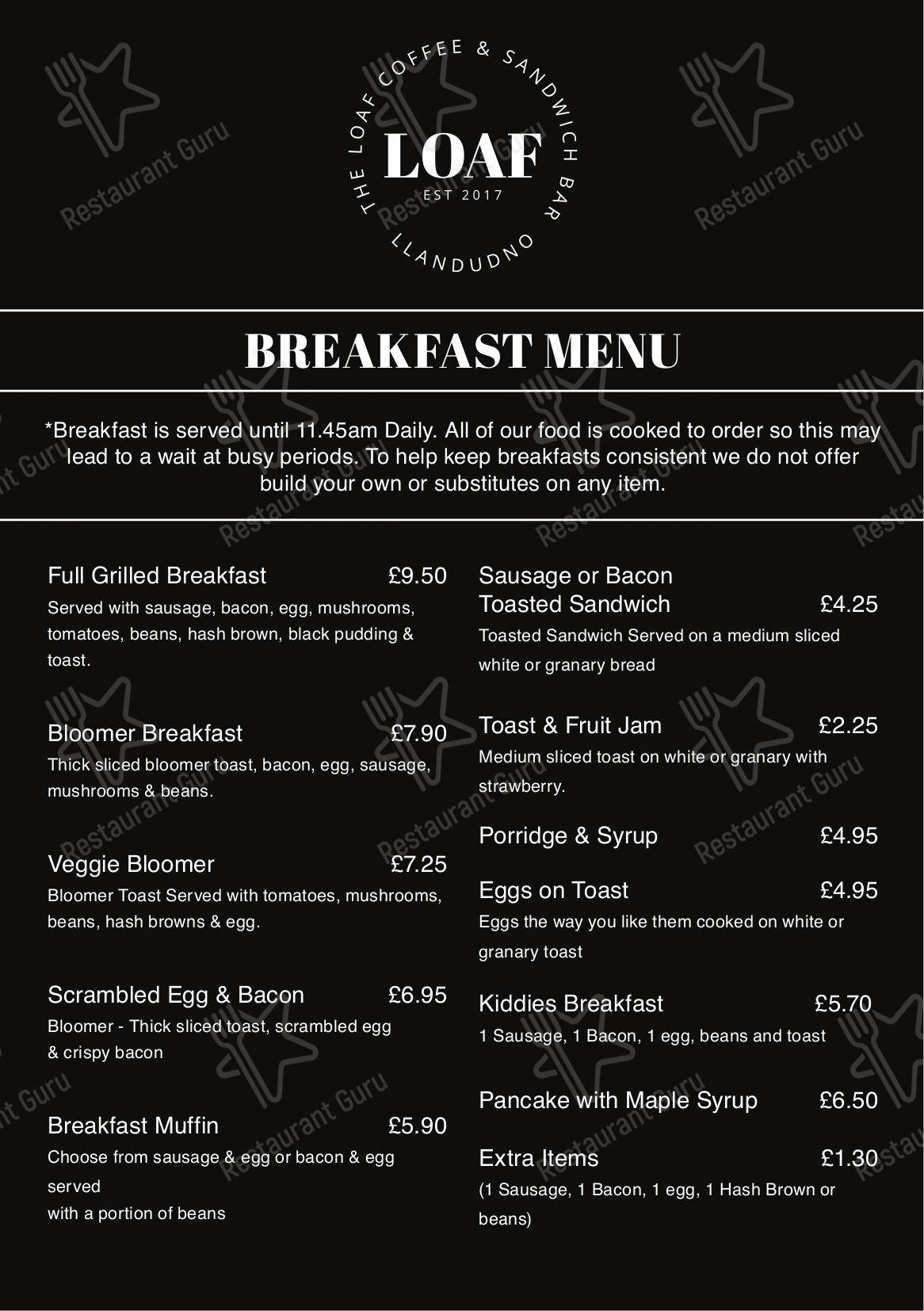 Menu at The Loaf Coffee & Sandwich Bar, Llandudno