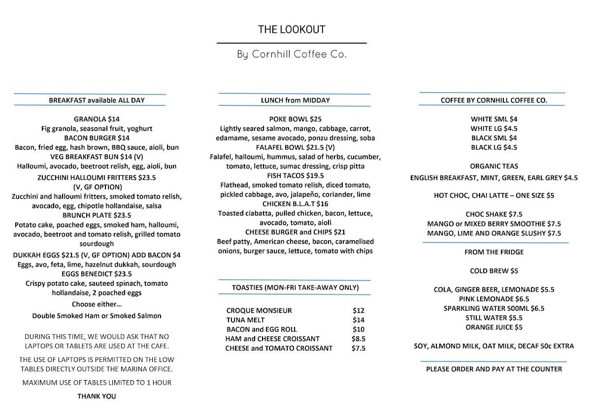 Menu at The Lookout cafe, Elizabeth Bay