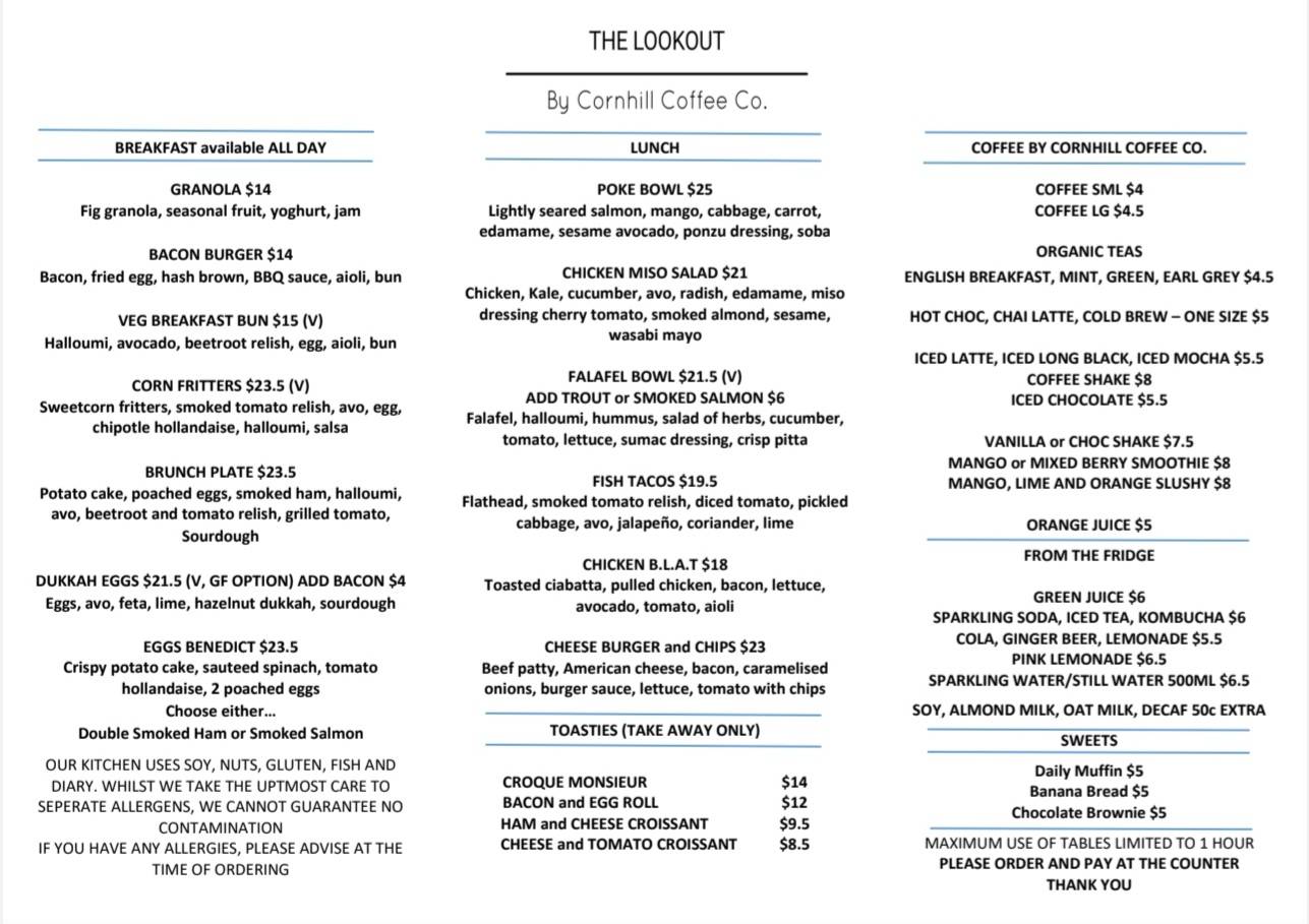Menu at The Lookout cafe, Elizabeth Bay