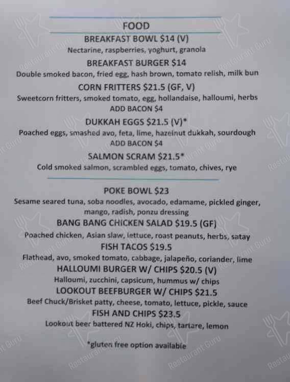 Menu at The Lookout cafe, Elizabeth Bay