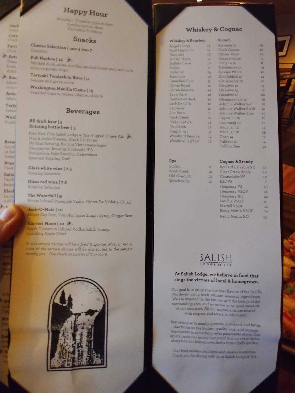Menu at The Attic at Salish Lodge restaurant, Snoqualmie