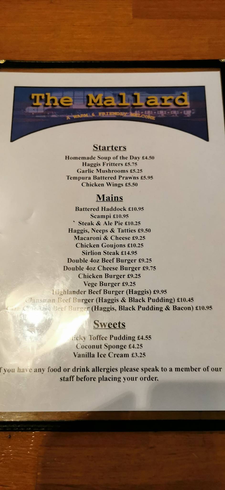 Menu at The Mallard pub & bar, Dingwall