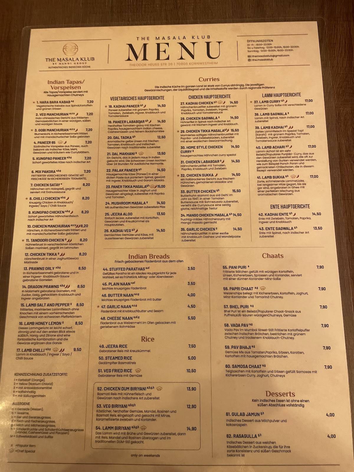 Speisekarte von The Masala Klub ( Indisches Restaurant), Kornwestheim