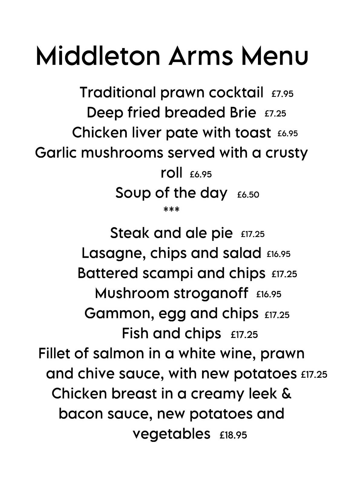 Menu at The Middleton Arms pub & bar, Pickering