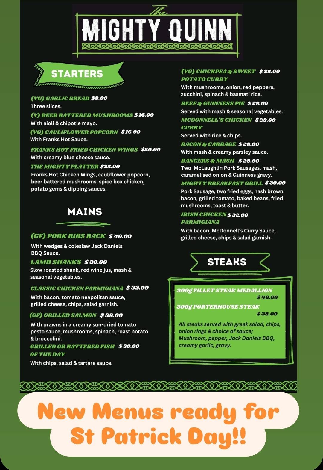 Menu at The Mighty Quinn Tavern pub & bar, Tuart Hill